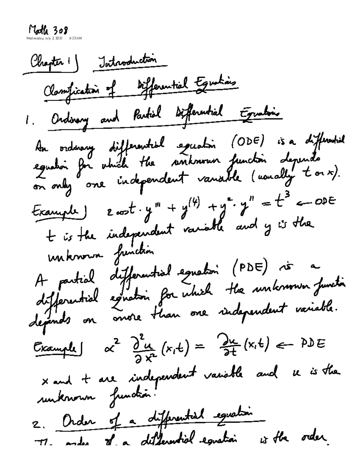 Math 308 Lecture 1: Classification of Differential Equations - Studocu