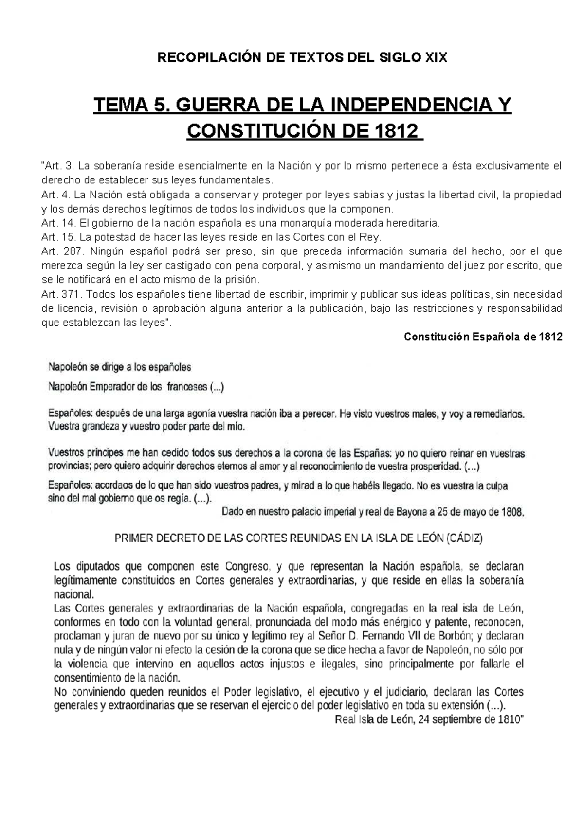 S.XIX - Recopilación de Textos: Guerra de Independencia y Constitución ...