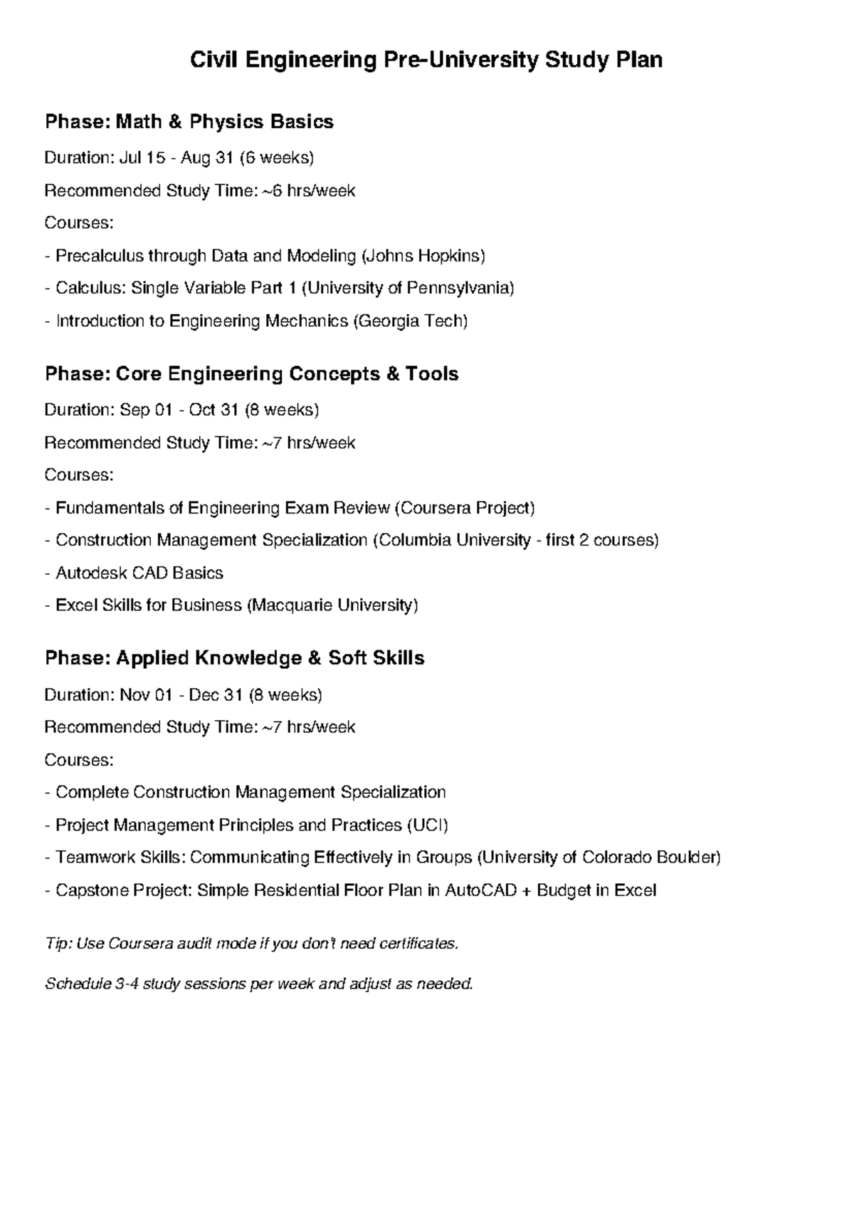 Civil Engineering Study Plan: Math & Core Concepts (6-8 Weeks) - Studocu