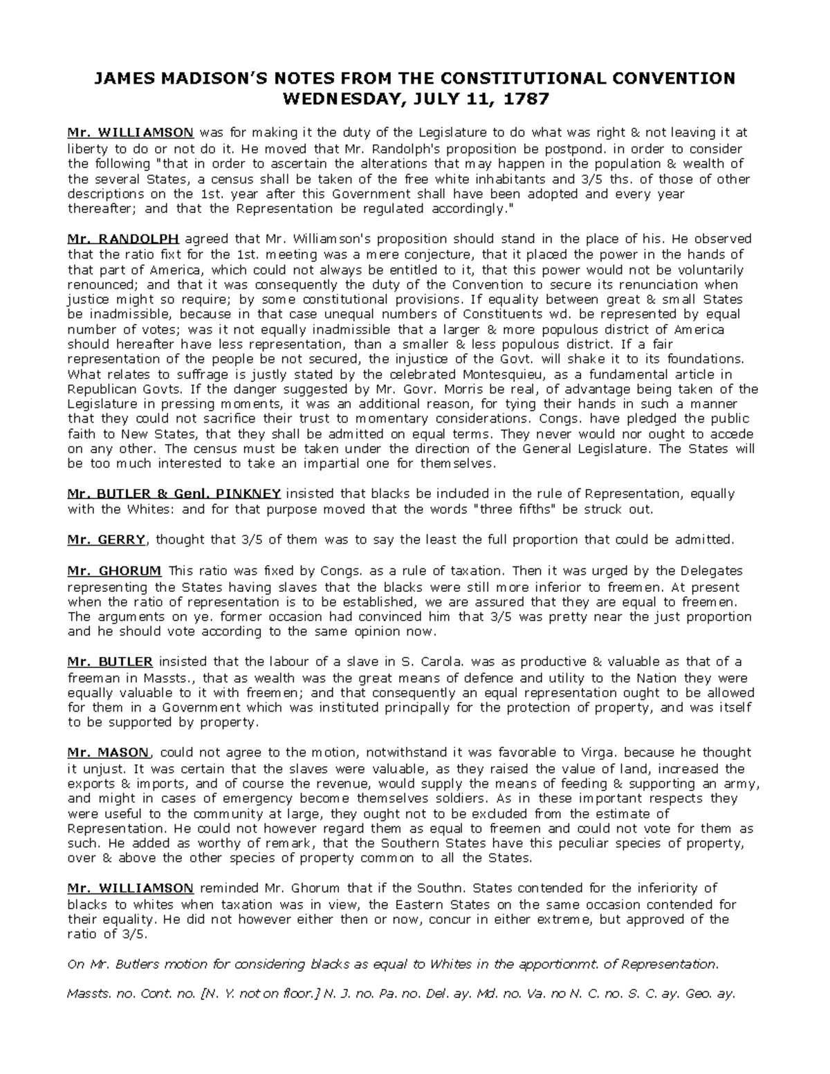 JAMES MADISON'S NOTES ON REPRESENTATION & THE 3/5 COMPROMISE - Studocu