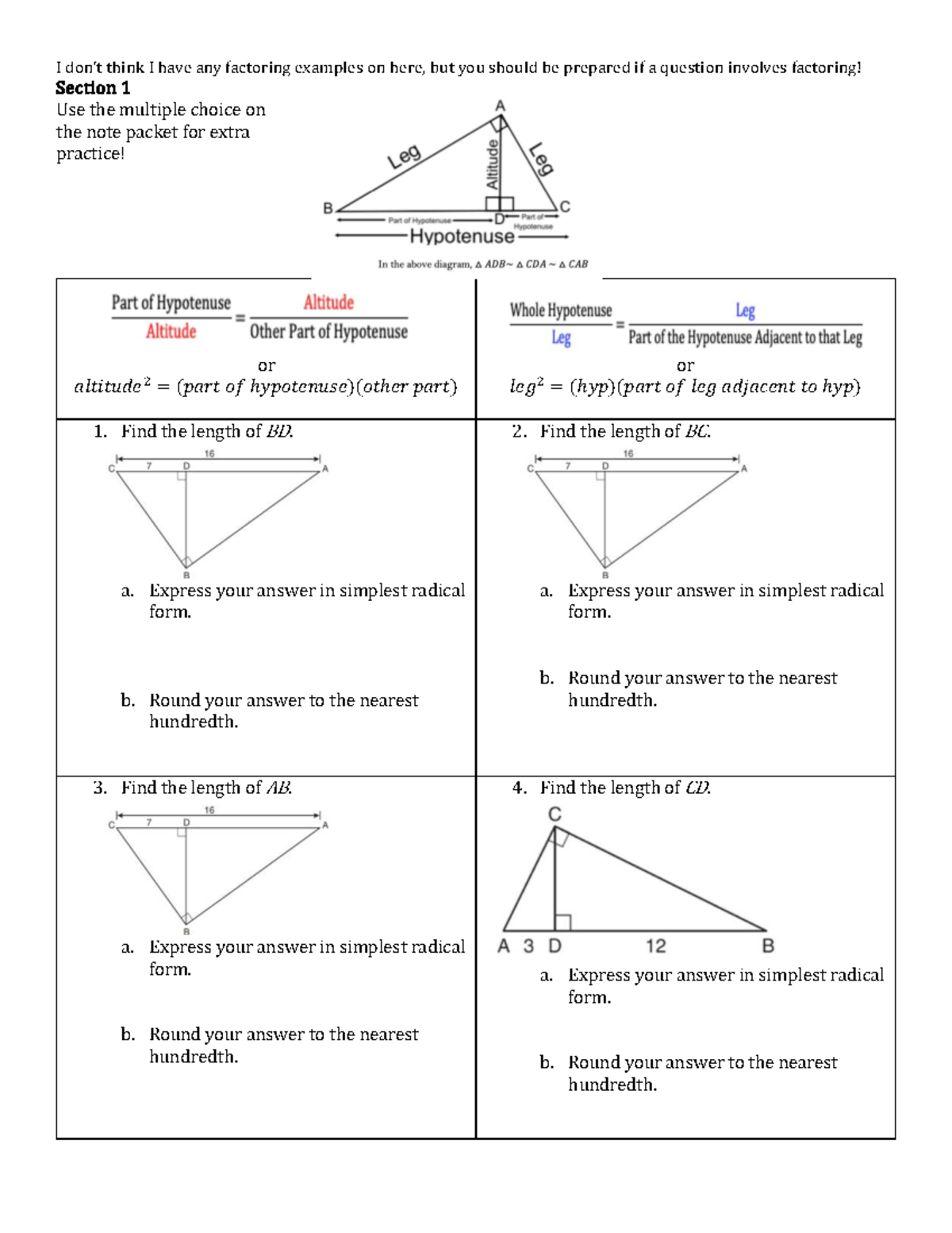 Geometry Sheet - Factoring & Triangle Properties (Course Code: 11678791 ...