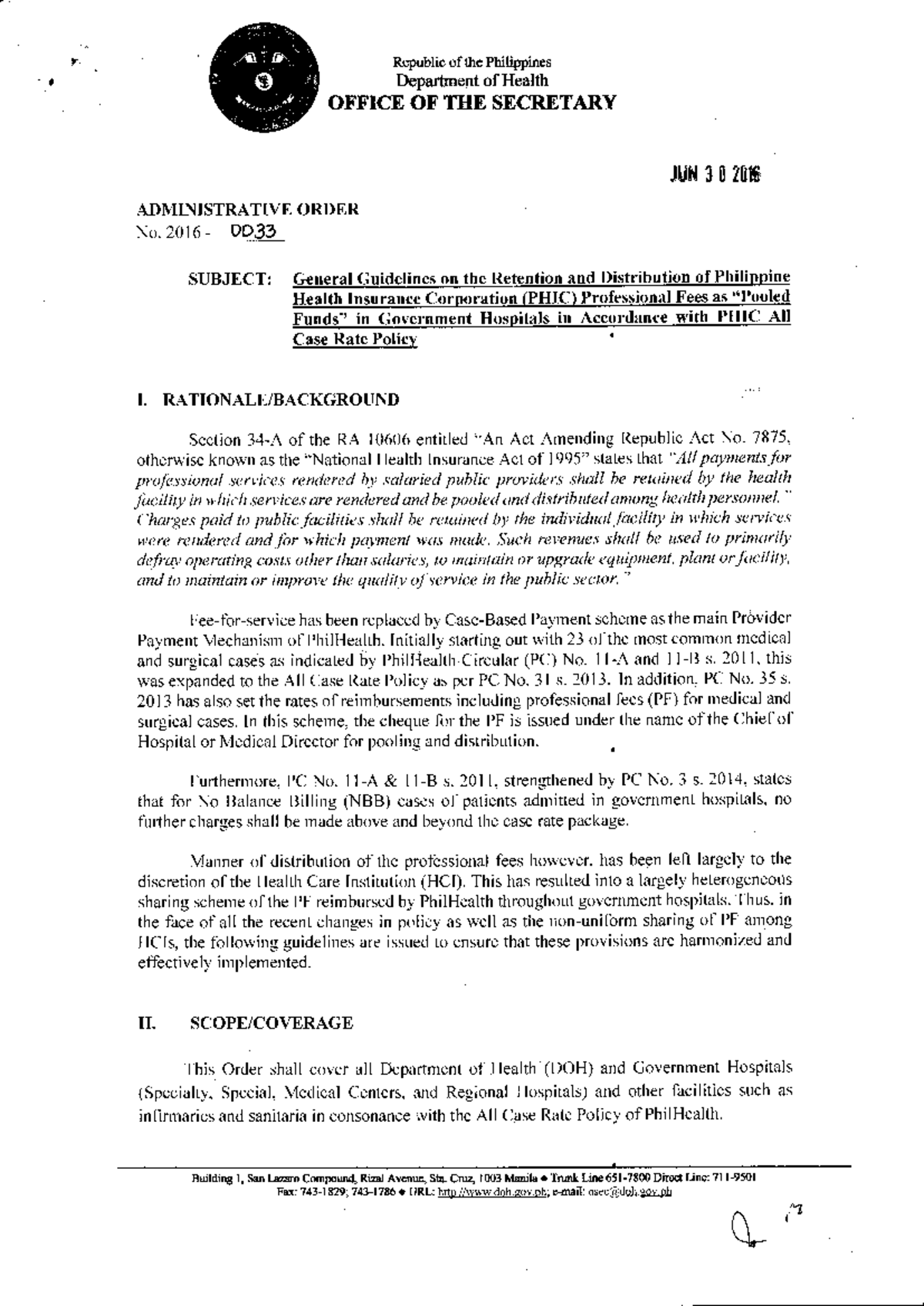 DOH Admin Order 2016-0033: Guidelines on PHIC Professional Fees ...