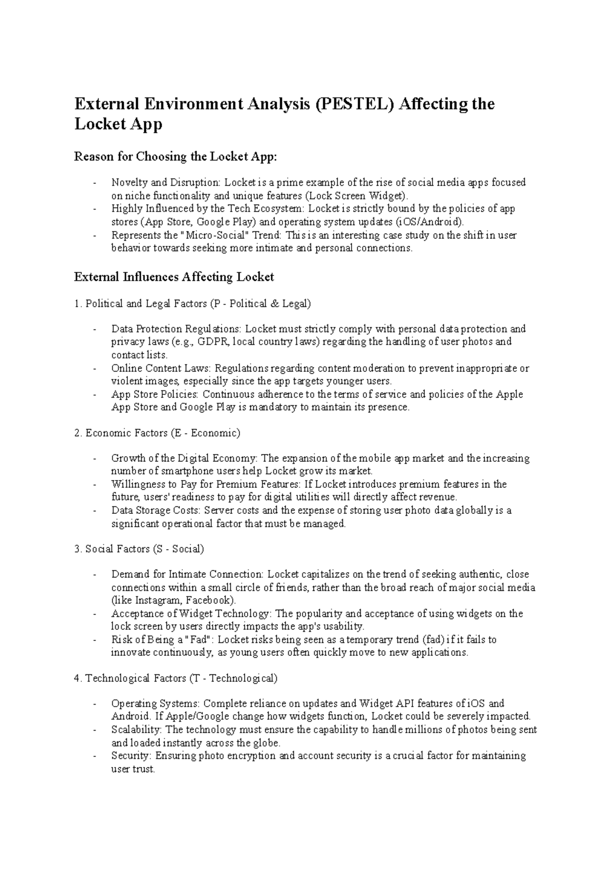 External Environment Analysis (PESTEL) of the Locket App - Studocu