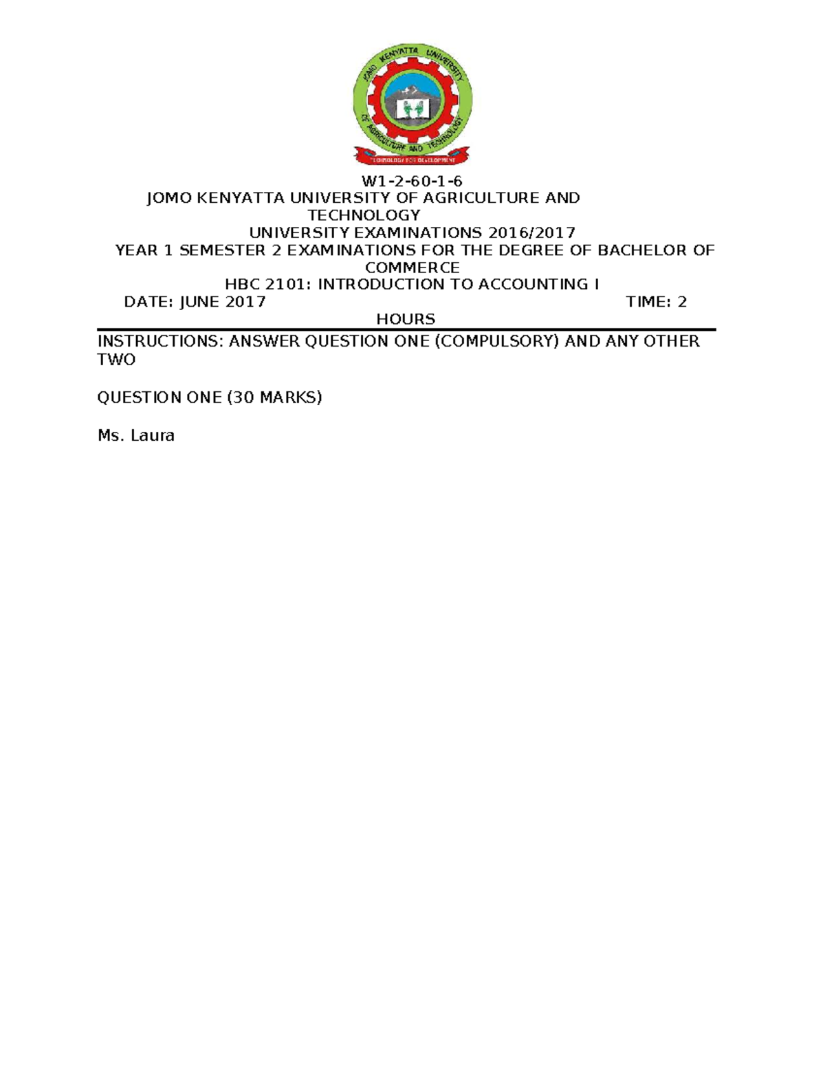 HBC 2101 Introduction TO Accounting I - W1-2-60-1- JOMO KENYATTA ...