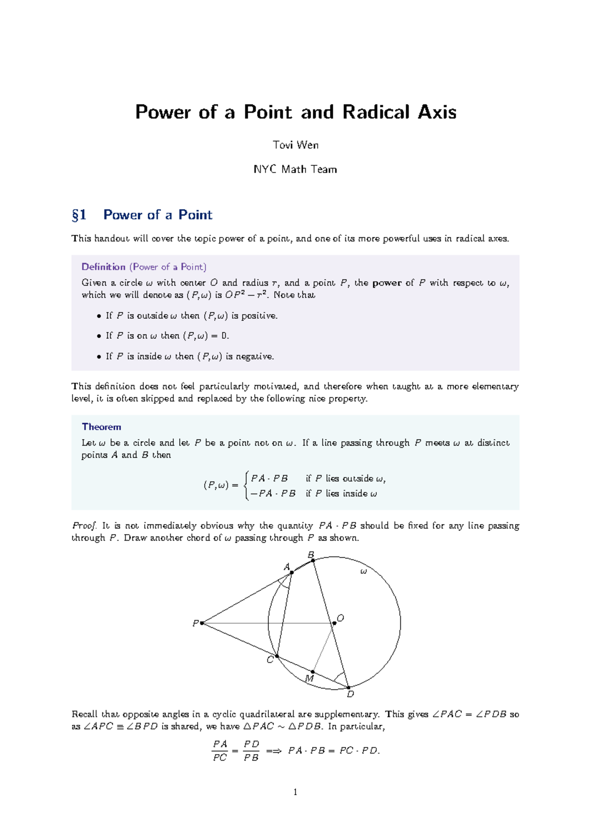 NYC Math Team: Power of a Point & Radical Axis Handout - Studocu
