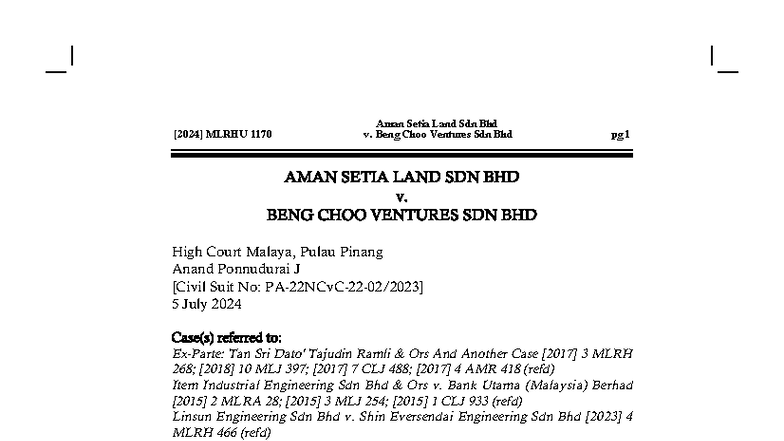Aman Setia Land Sdn Bhd v Beng Choo Ventures Sdn Bhd [2024] Mlrhu 1170 ...