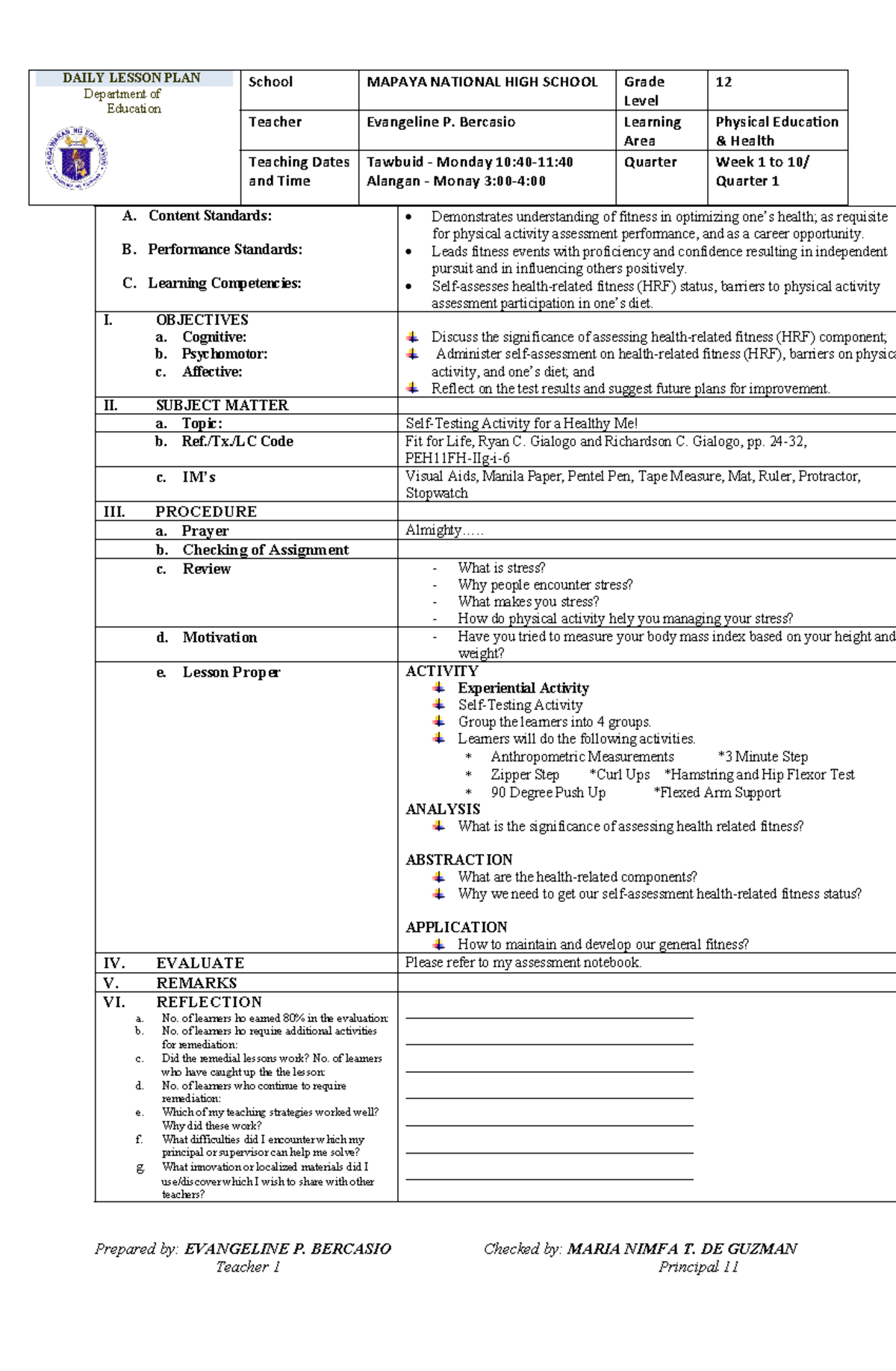 PEH11FH-IIg-i- Daily Lesson Plan: Self-Assessment in Physical Fitness ...