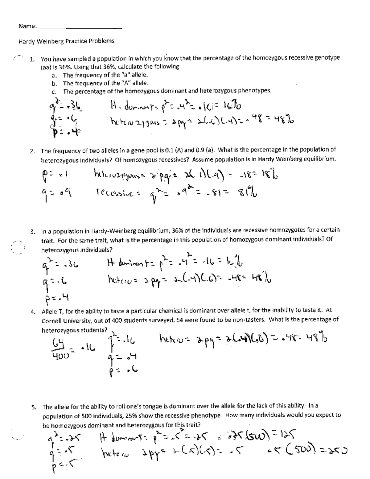 Hardy Weinberg problems wks 2 key - Name: Hardy Weinberg Practice ...