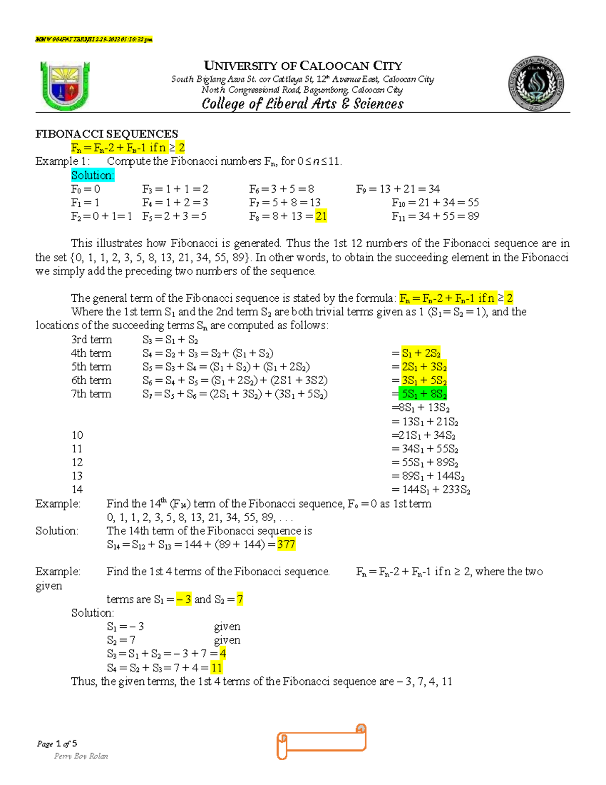 MMW: Fibonacci Sequences and Progressions - Notes 2023 - Studocu