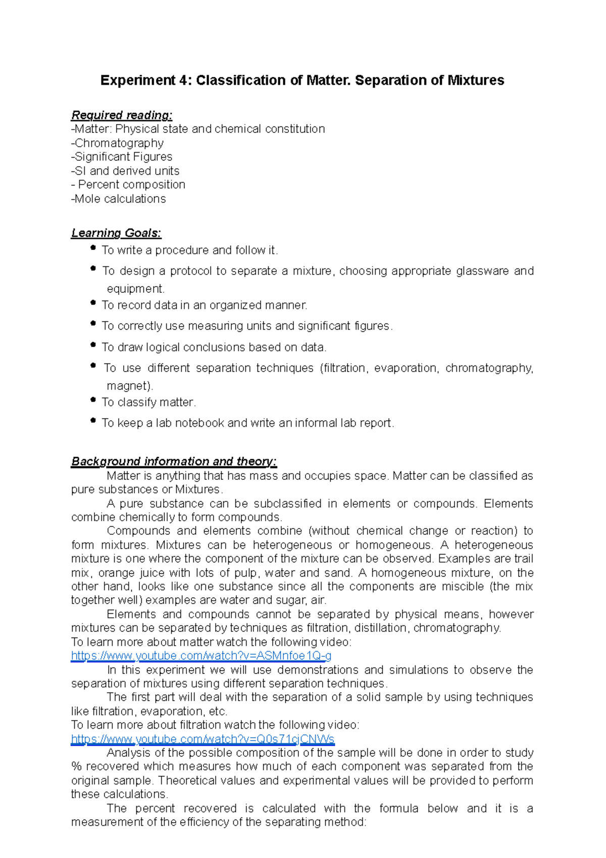 CHEM1411: Experiment 4 - Classification & Separation of Matter - Studocu