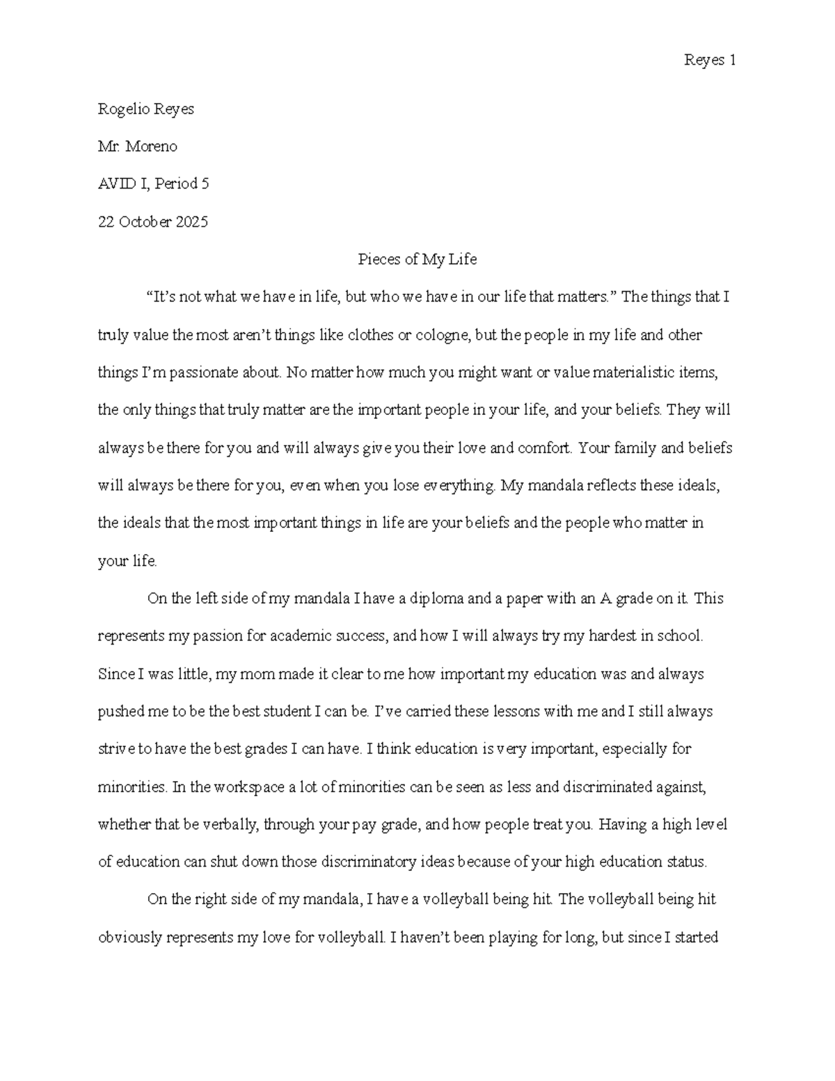 AVID I Mandala Essay: The People and Values in My Life - Studocu