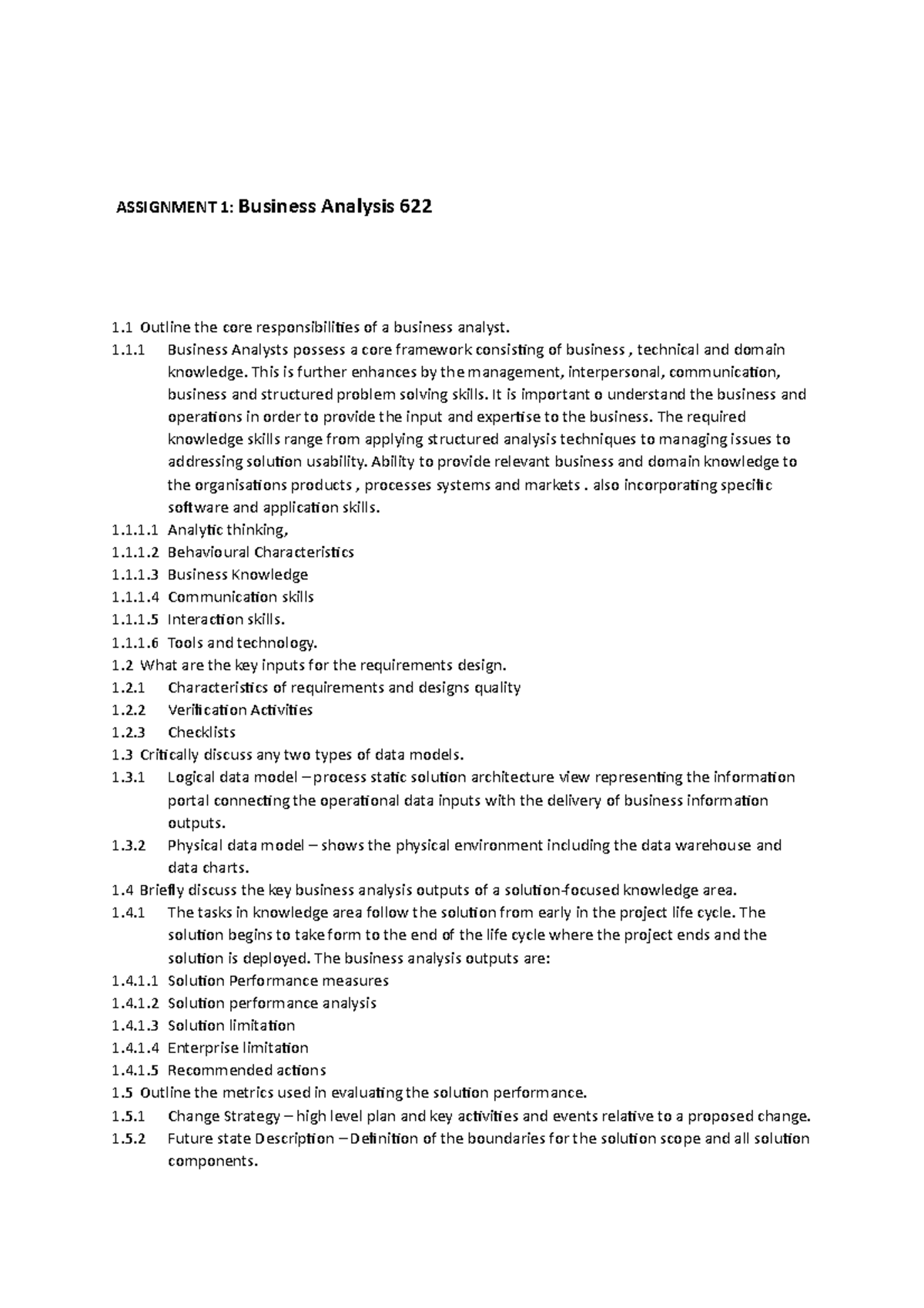 Assignment 1: Business Analysis 622 - Key Responsibilities & Outputs - Studocu