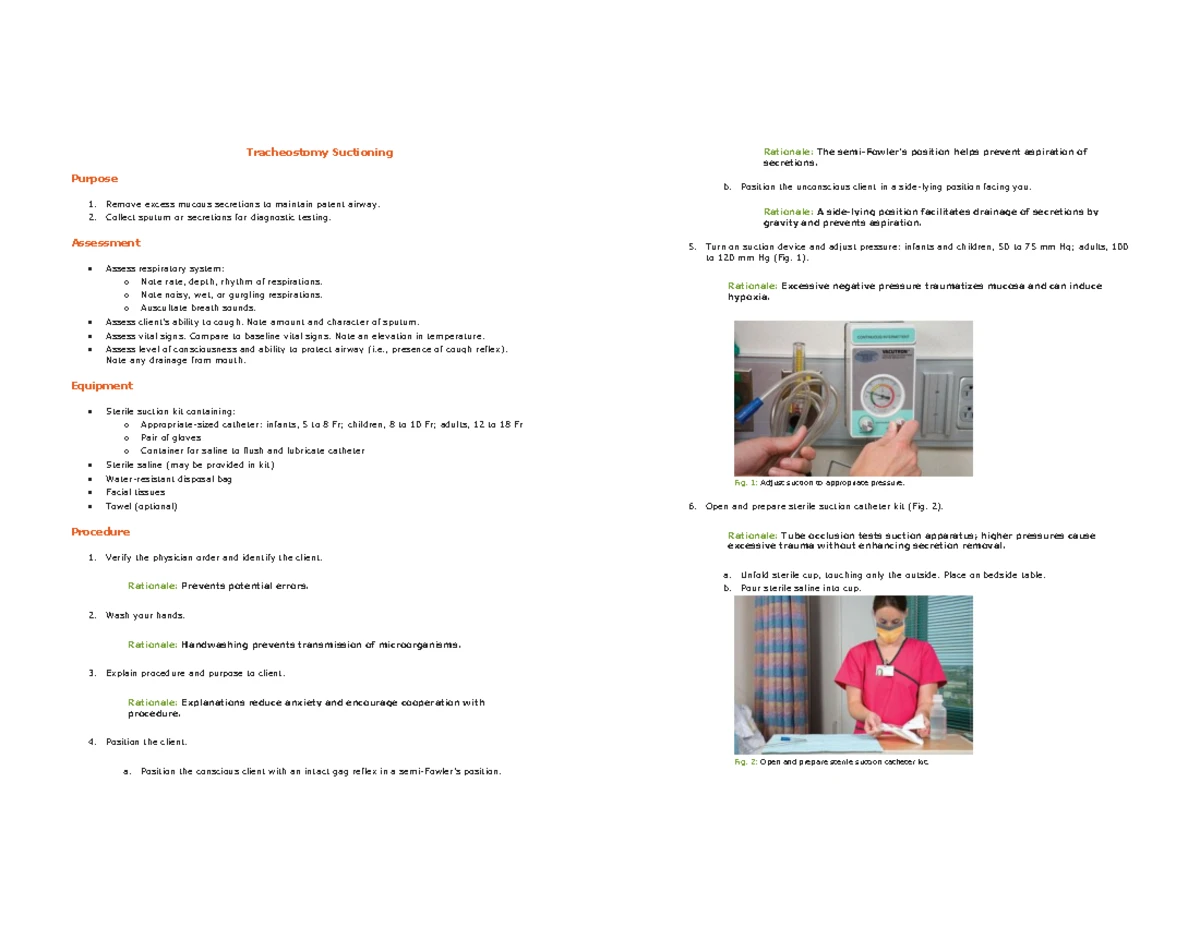 Tracheostomy Suctioning Procedure and Assessment Guide - Studocu