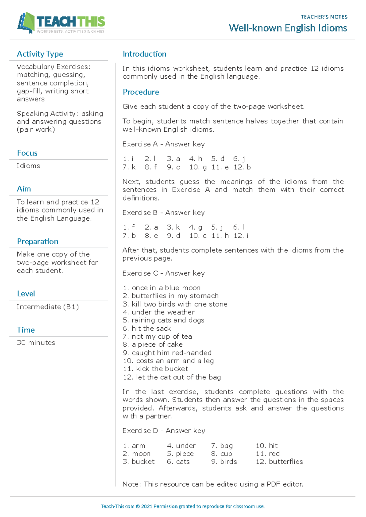 English Idioms Worksheets & Activities for Intermediate (B1) - Studocu
