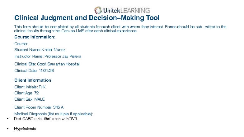 Clinical Judgment Tool for Nursing Practice (NURS 301) - Studocu
