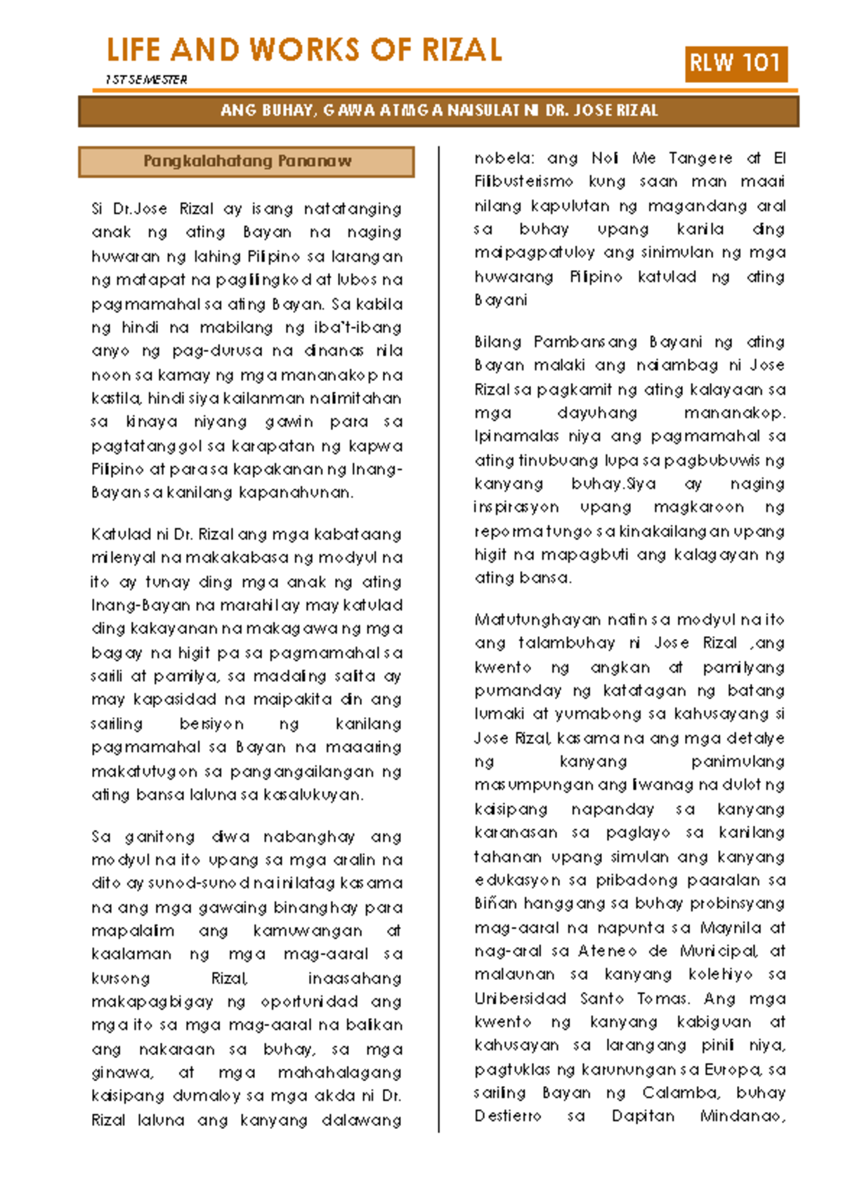 RLW 101: Buhay at mga Akda ni Dr. Jose Rizal at Kanilang Kahalagahan - Studocu