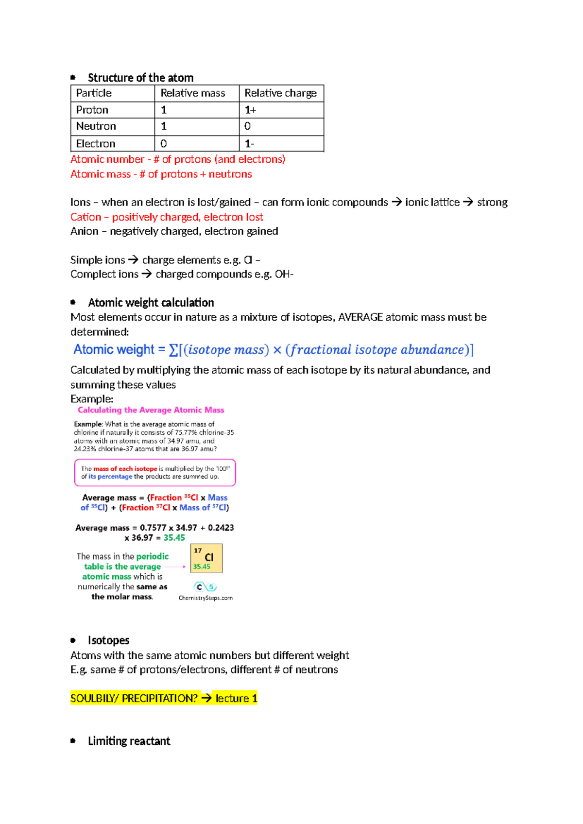 Chem 101: Structure of the Atom & Chemical Reactions Assessment Notes ...