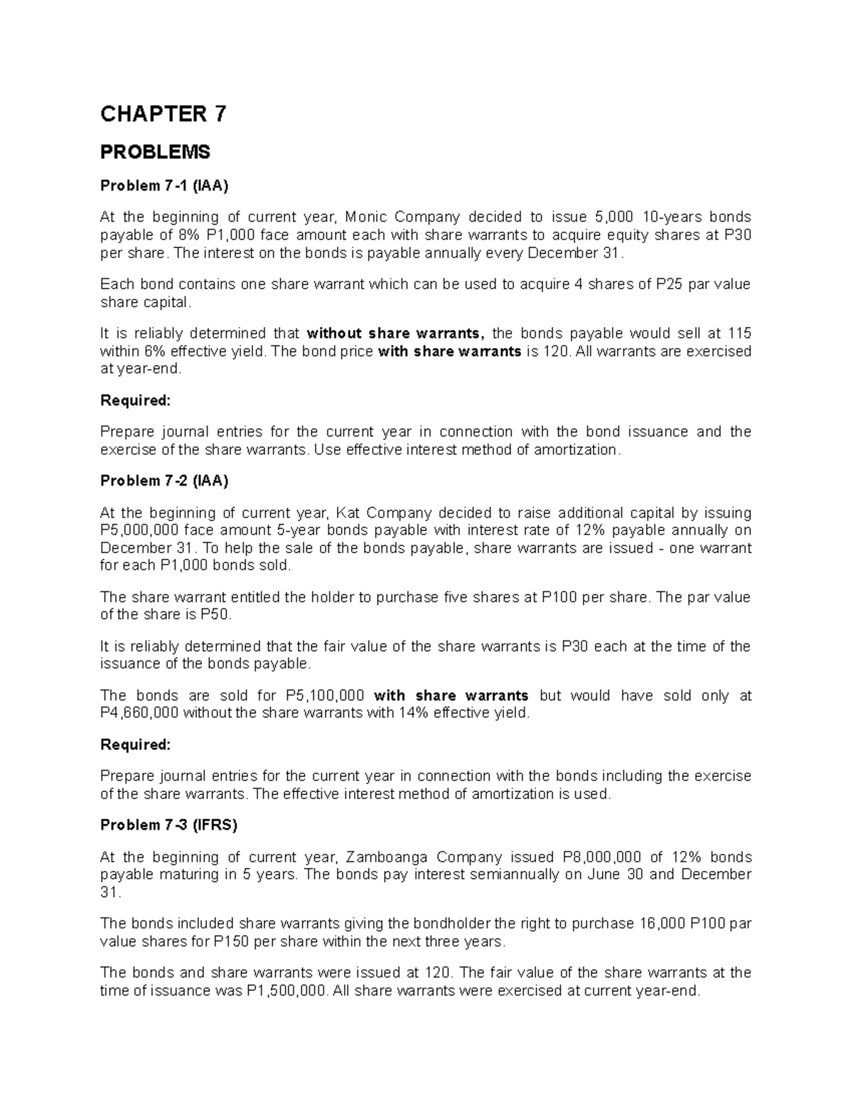 Chapter 7- Compound- Financial- Instrument - CHAPTER 7 PROBLEMS Problem 7-1 (IAA) At the ...