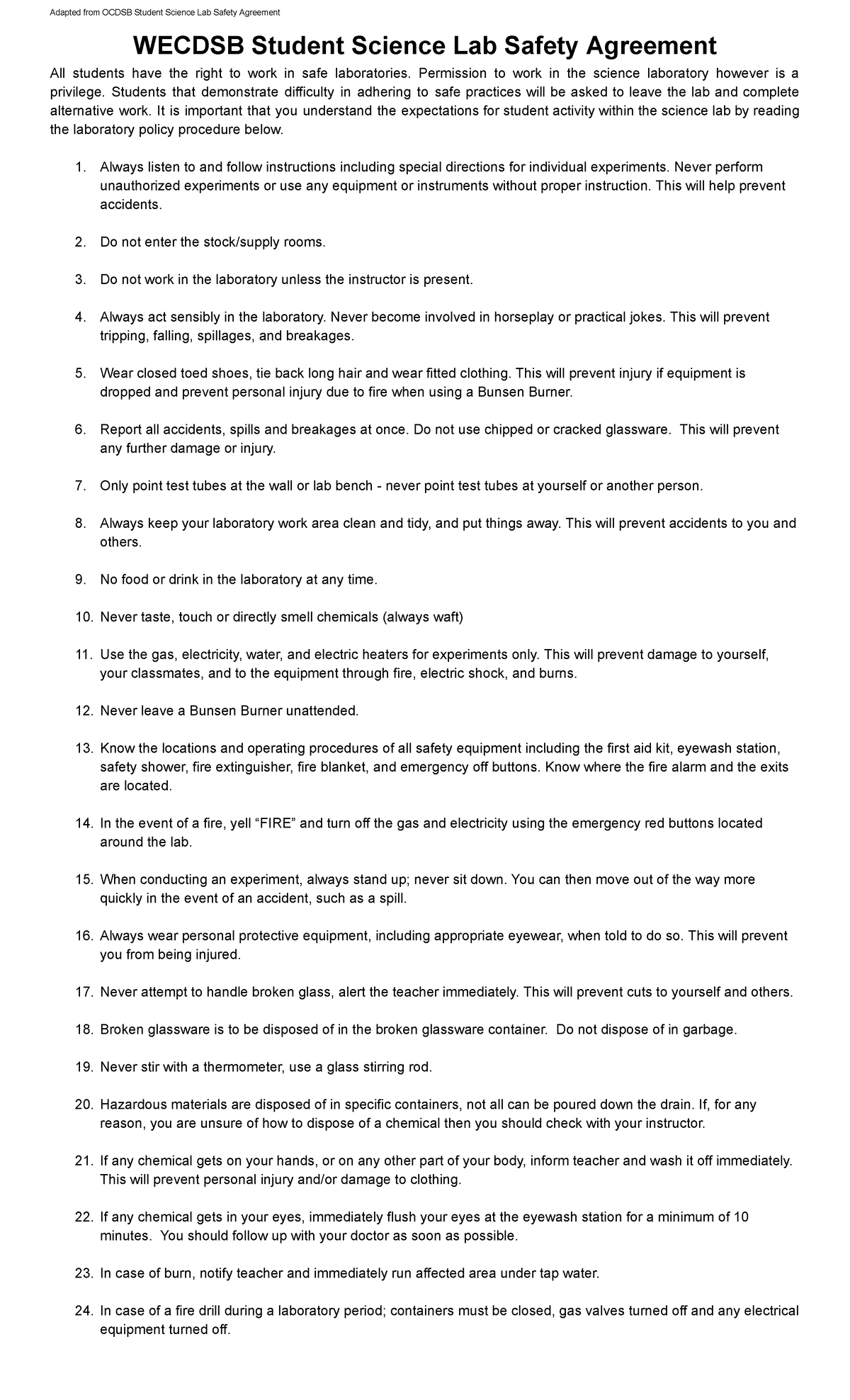 WECDSB Science Lab Safety Agreement Guidelines for Students - Studocu