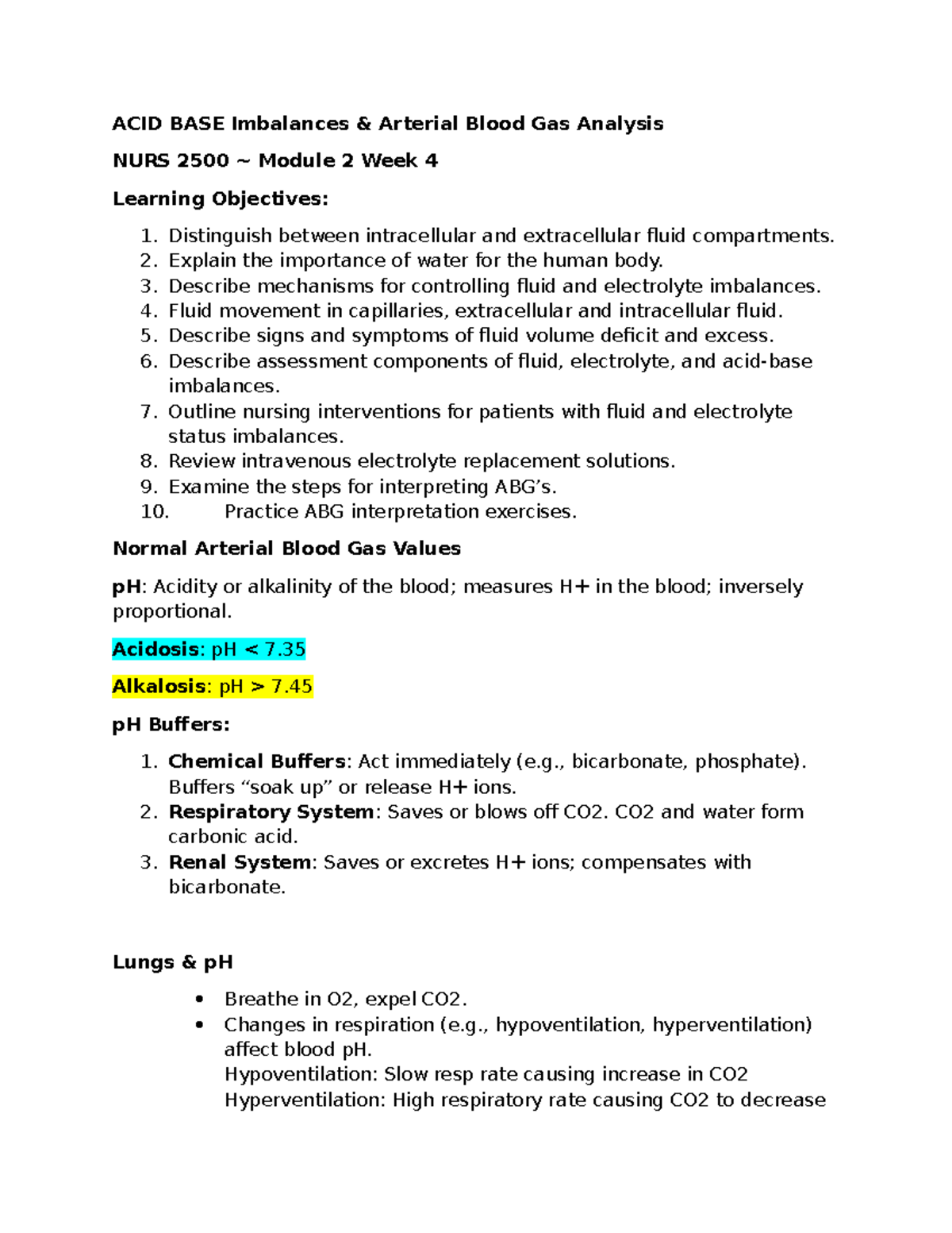 NURS 2500 Module 2 Week 4: ACID-BASE Imbalances & ABG Analysis - Studocu