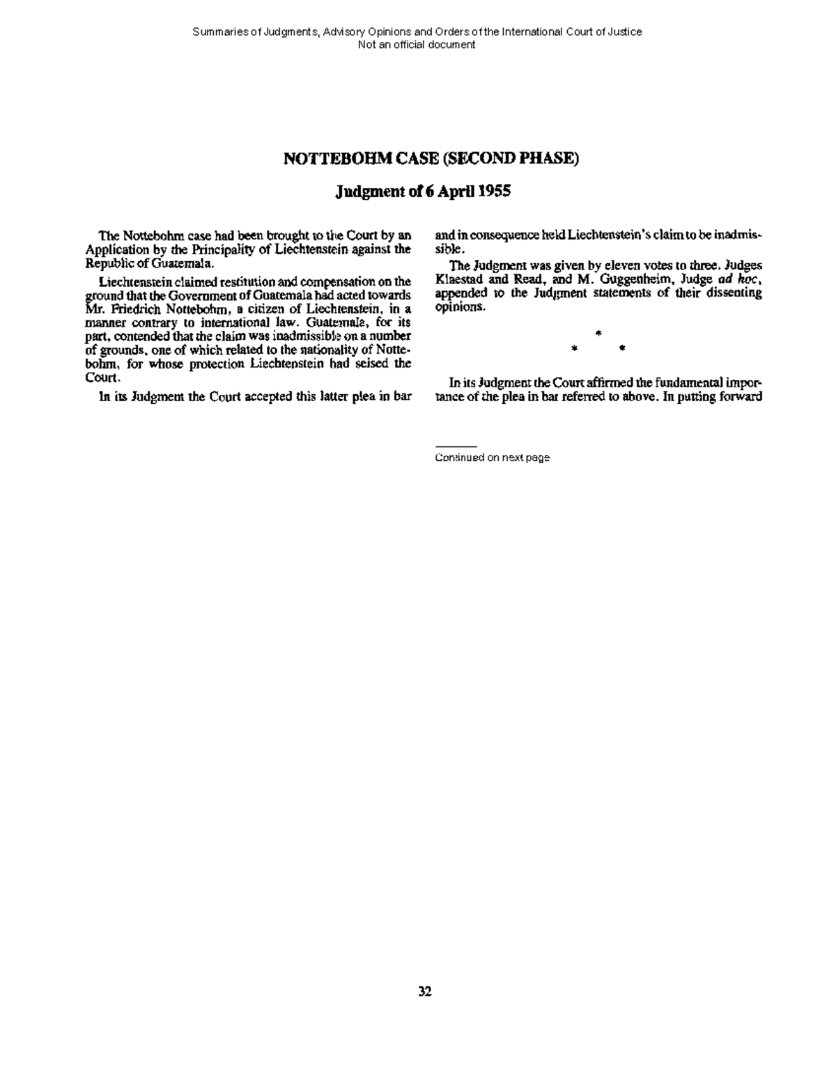 Nottebohm Case Summary (Phase II) - Judgment of April 6, 1955 - Studocu