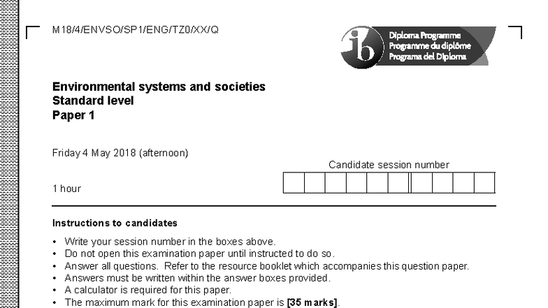 ESS 2018 - Environmental Systems & Societies Paper 1 Exam - Studocu
