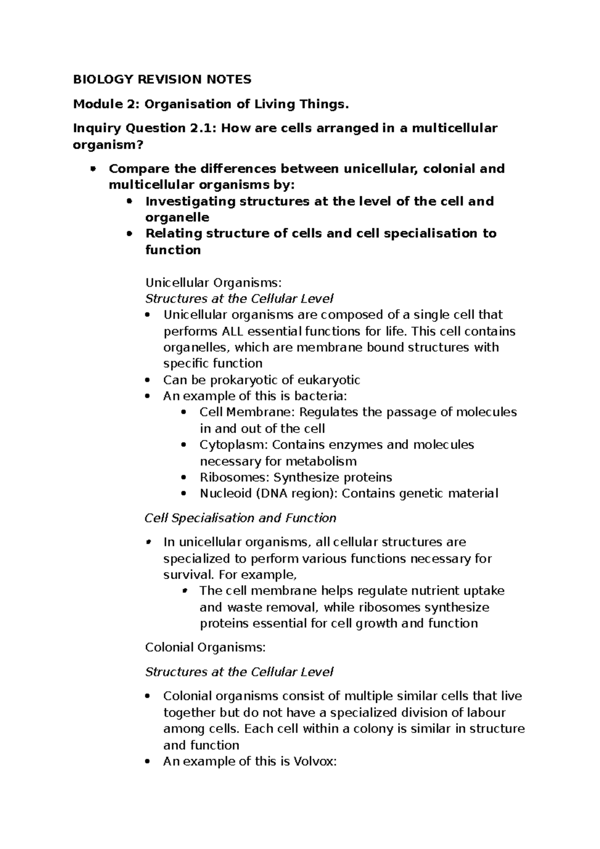 Biology Revision Notes: Module 2 - Org. of Living Things & Cell Types ...