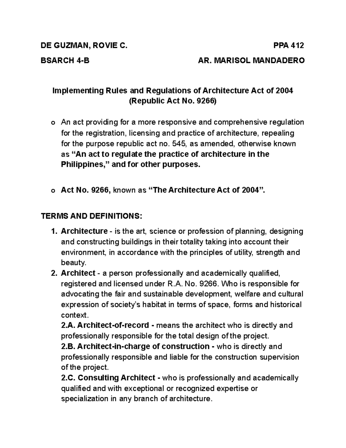 PPA 412 Activity 1234: Implementing Rules of Architecture Act 2004 ...