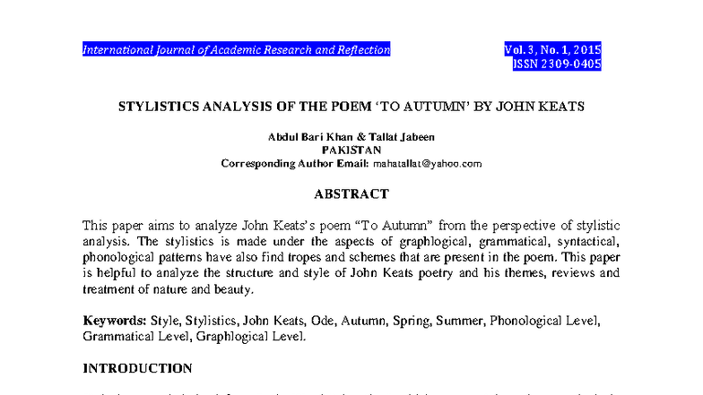 Stylistics Analysis of the Poem 'To Autumn' by John Keats - Studocu