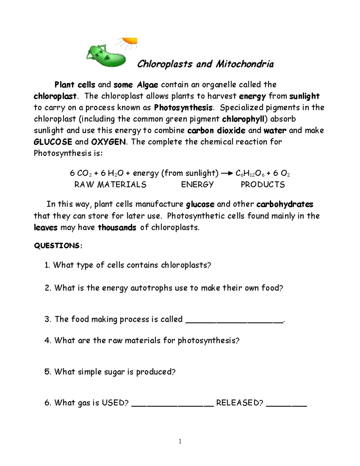Chloroplasts and Mitochondria worksheet - Chloroplasts and Mitochondria ...