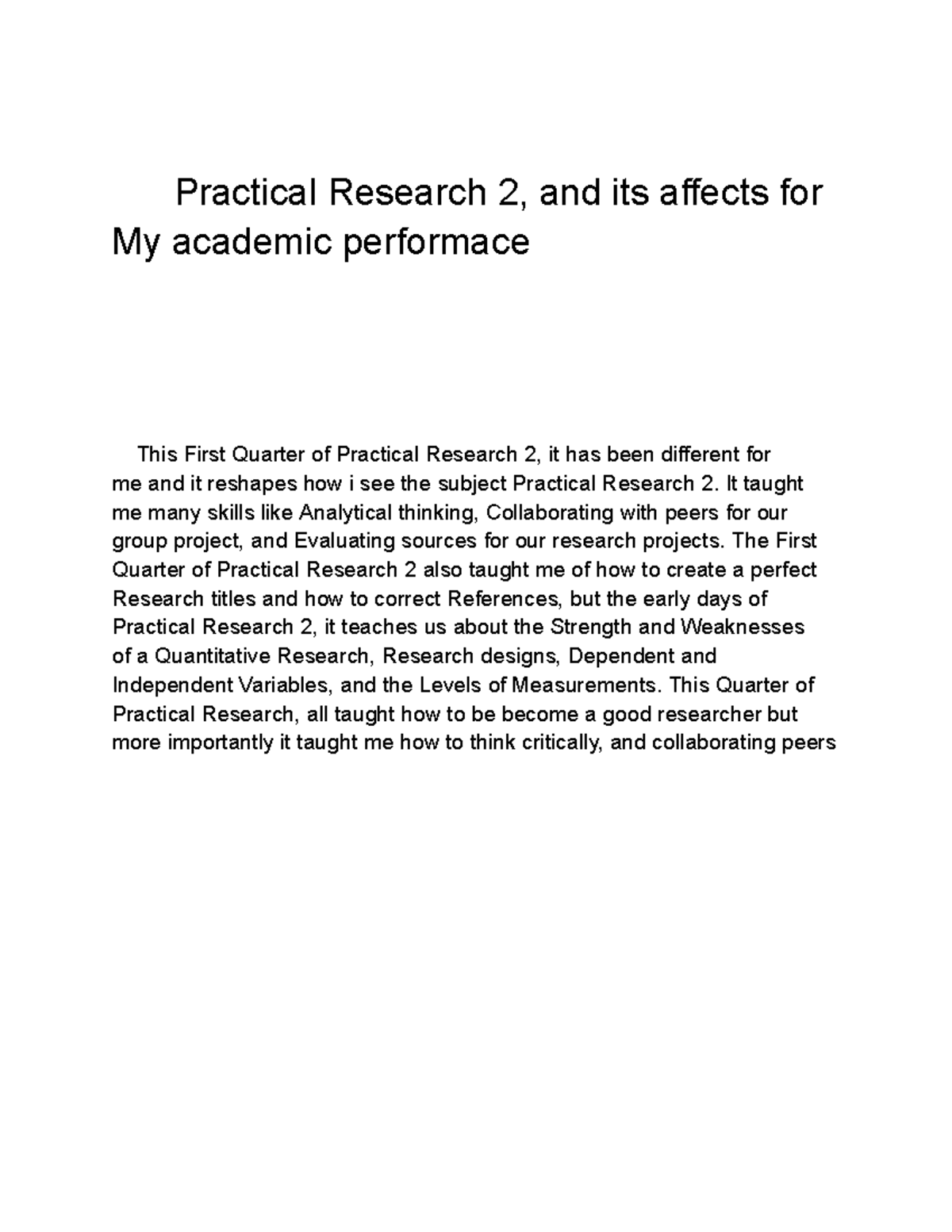 Reflection on Practical Research 2: Impact on My Academic Performance - Studocu