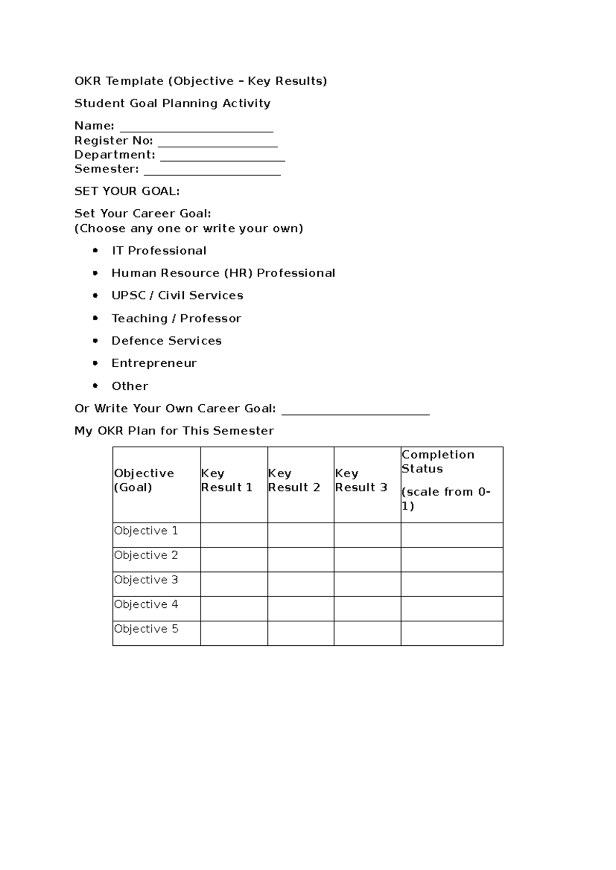 OKR Template (OKR) for Student Goal Planning Activity - Studocu