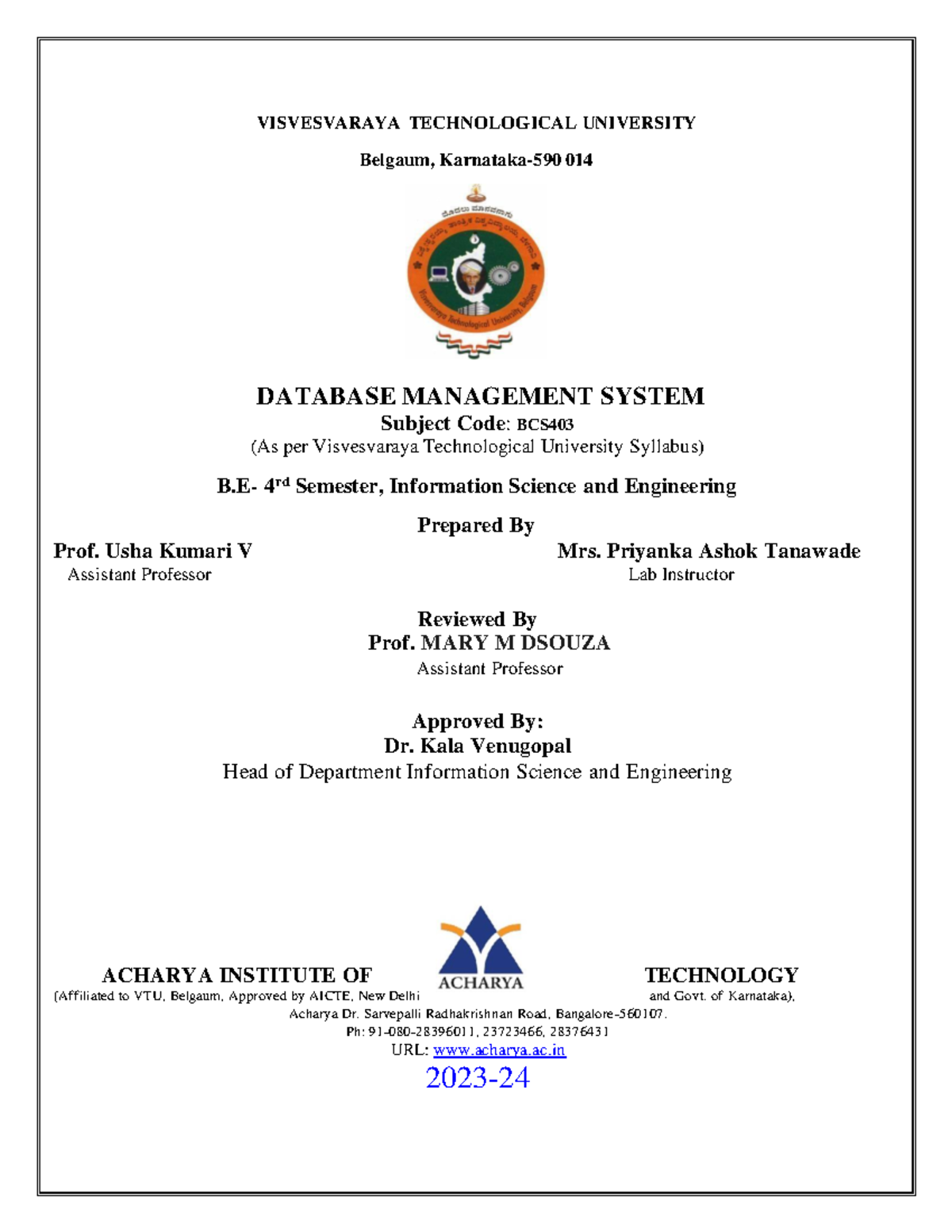 BCS403 DBMS Lab Manual - loiiiiii - VISVESVARAYA TECHNOLOGICAL ...