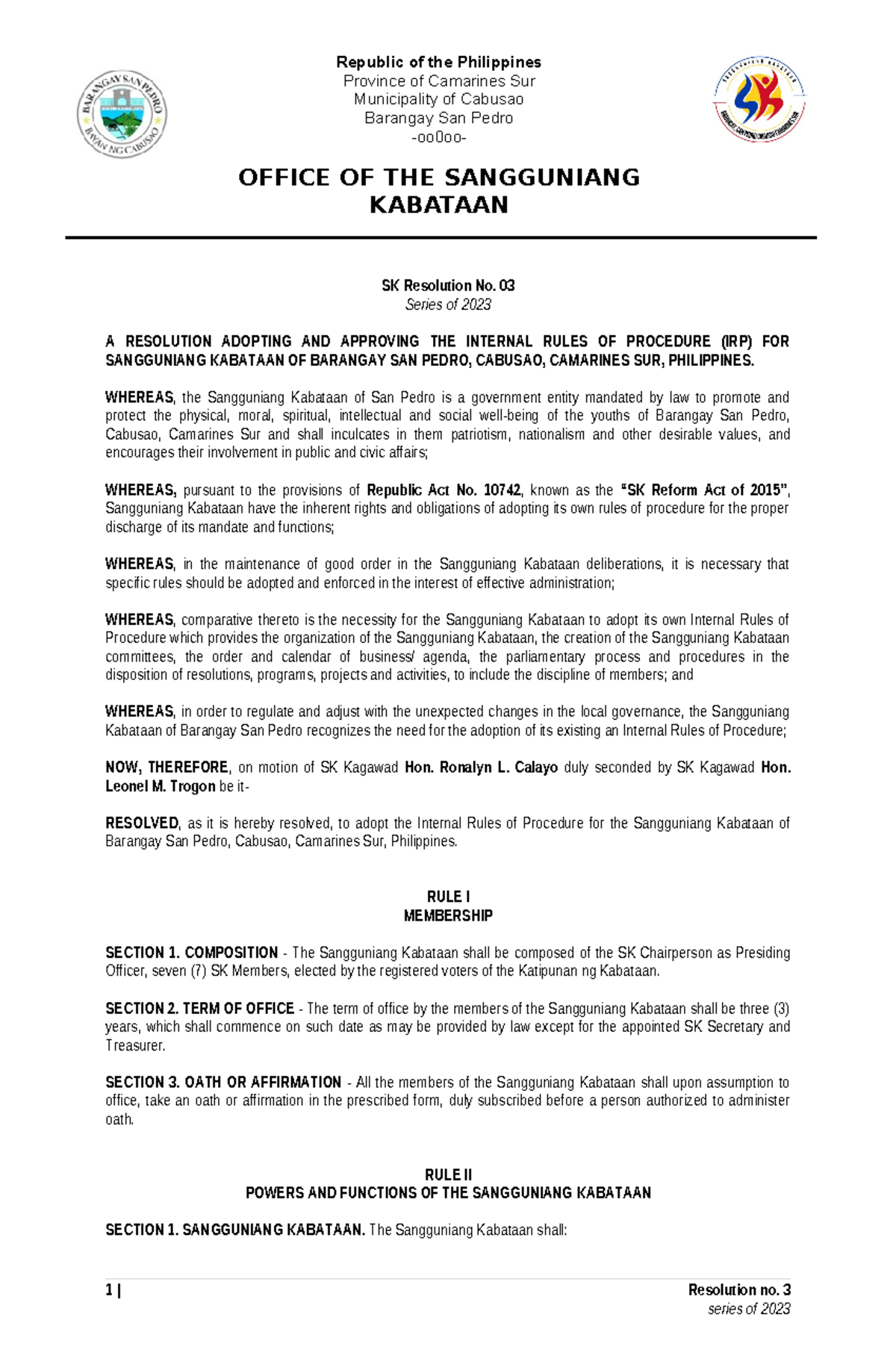 SK Resolution No. 03: Adoption of Internal Rules of Procedure for 2023 ...