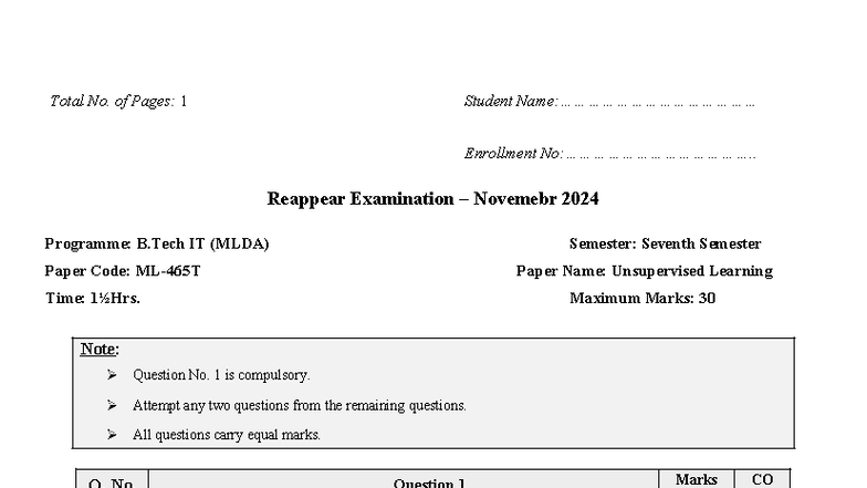 Reappear Exam: Unsupervised Learning (B.Tech IT MLDA) - Nov 2024 - Studocu