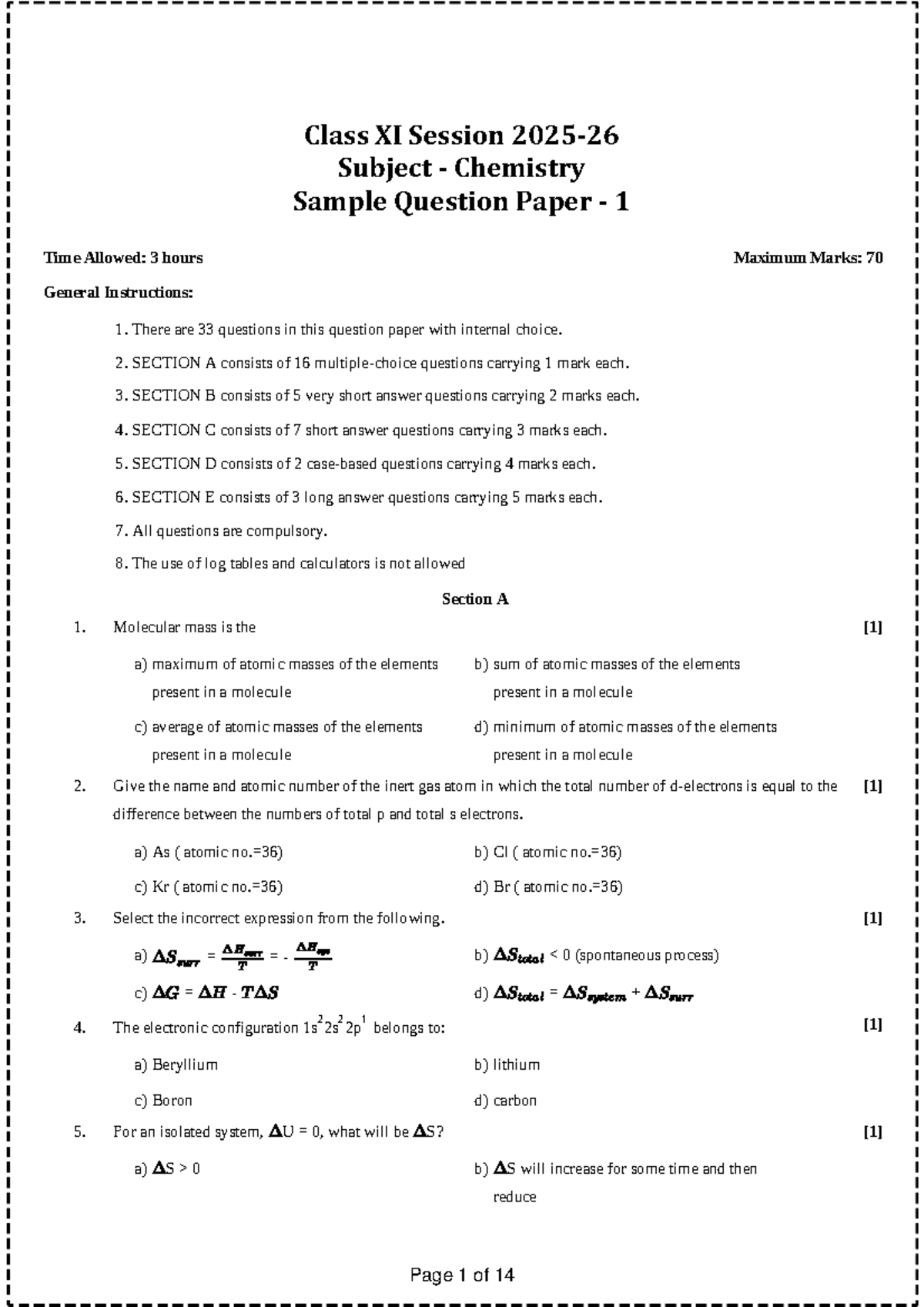 Chemistry 11 SP1 - Class XI Sample Question Paper - Studocu