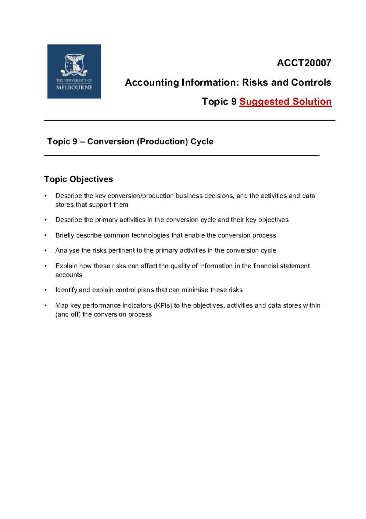 ACCT2000 Tutorial 7: Suggested Solutions for Topic 9 Conversion Cycle ...