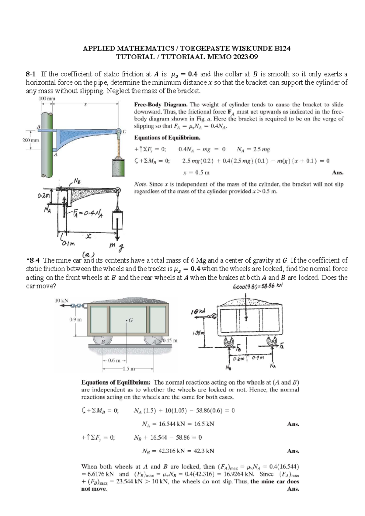 APPLIED MATHEMATICS B124 TUTORIAL MEMO: Tough Questions on Friction - Studocu