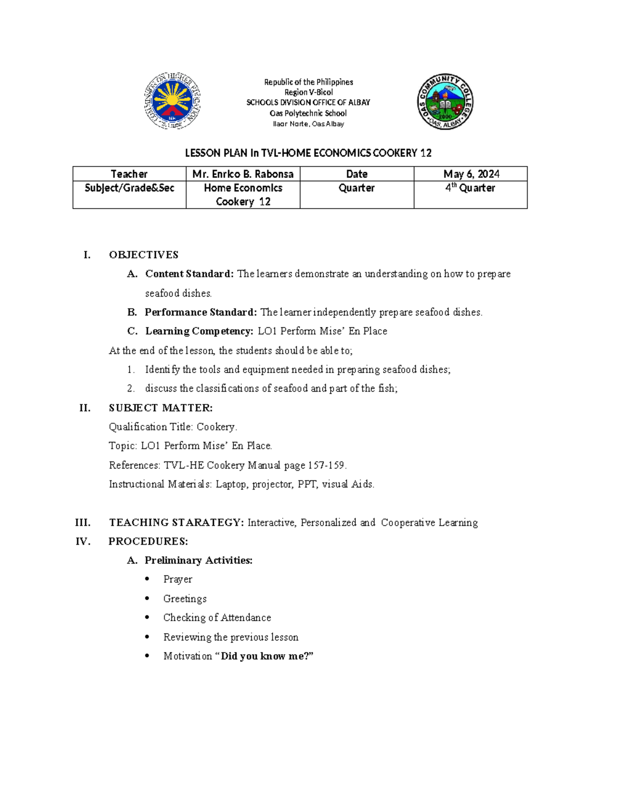 Lesson Plan for TVL-HE Cookery 12: Preparing Seafood Dishes - Studocu