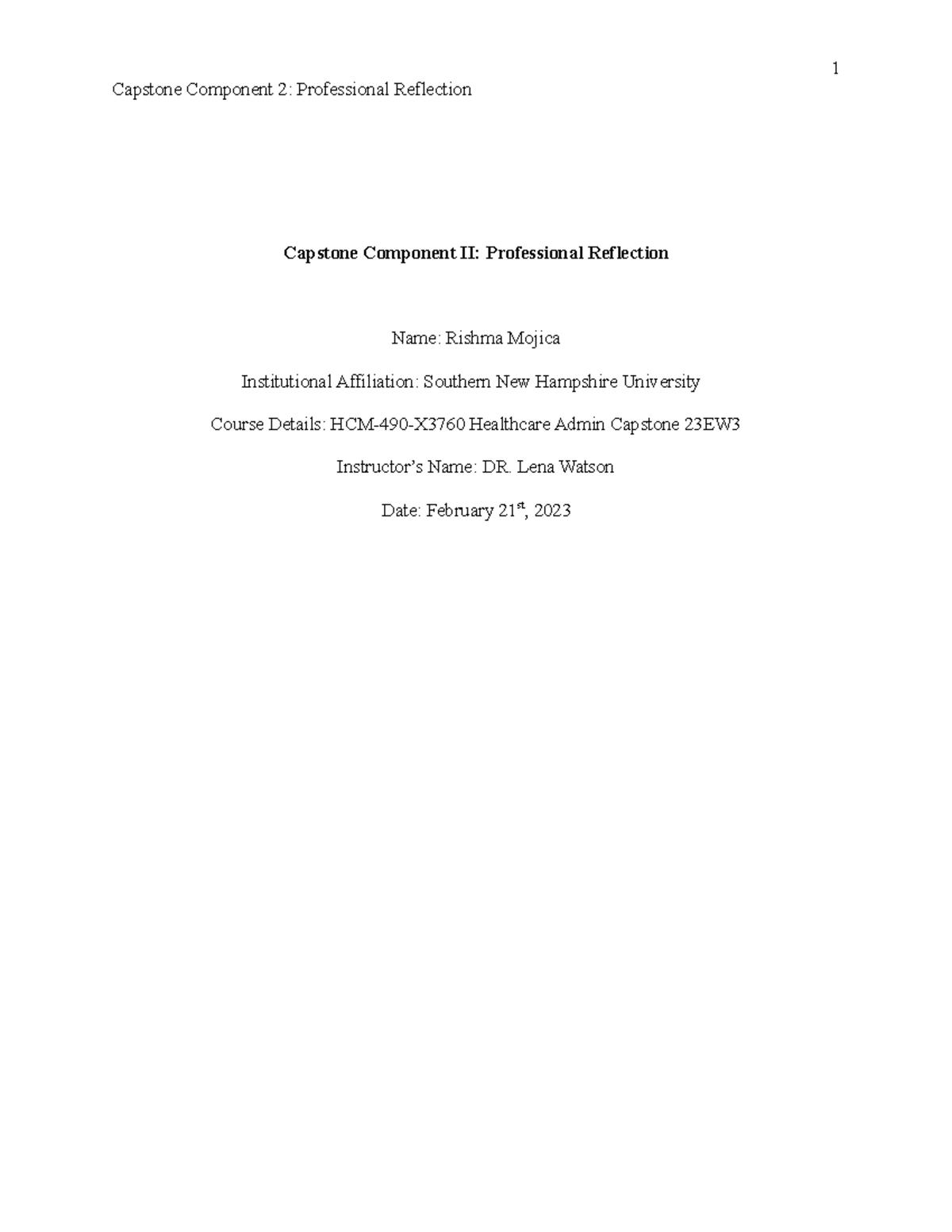 HCM-490-X3760 Capstone Component 2: Professional Reflection Essay - Studocu