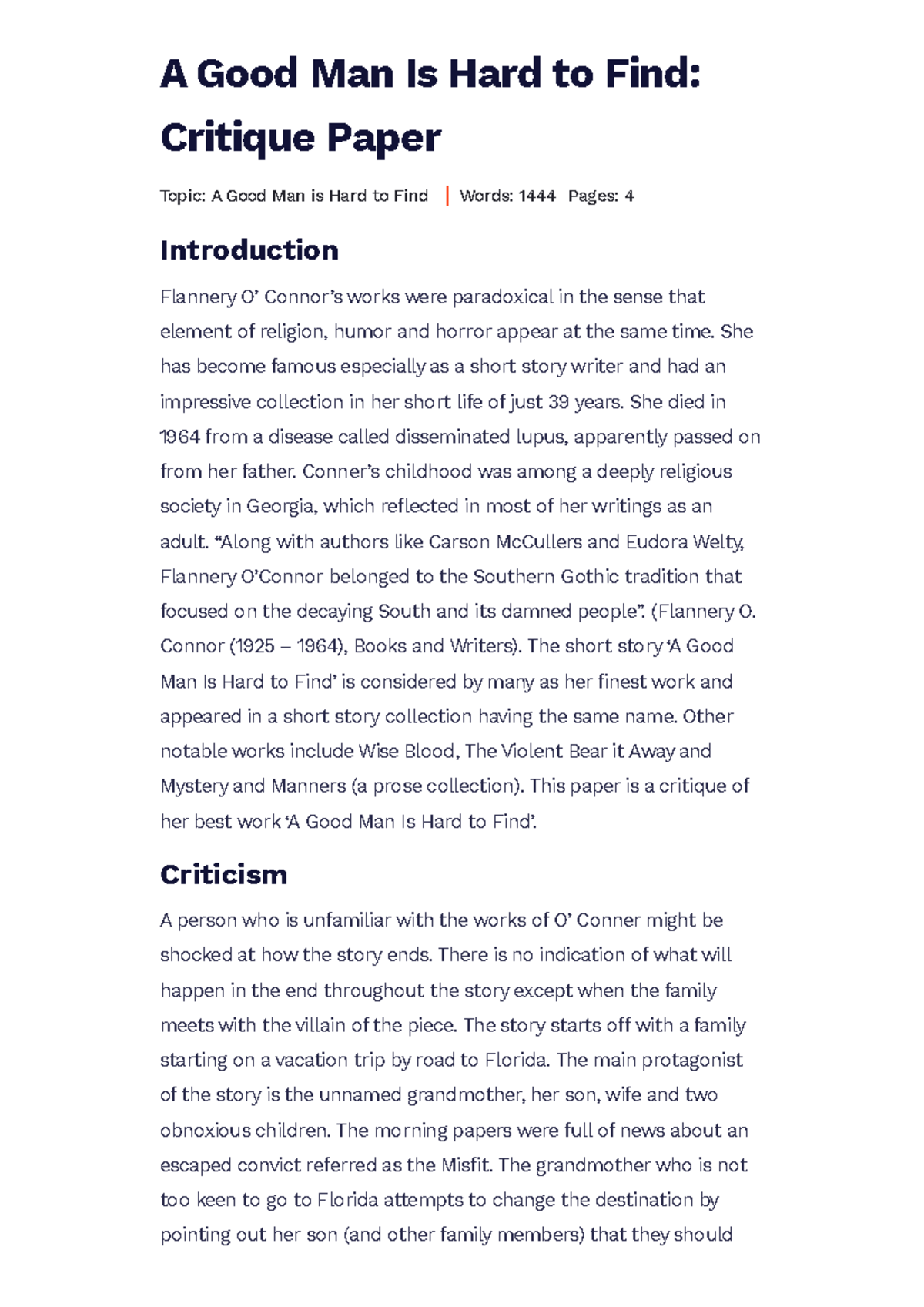 ENG 201: A Good Man Is Hard to Find - Critical Analysis Essay - Studocu