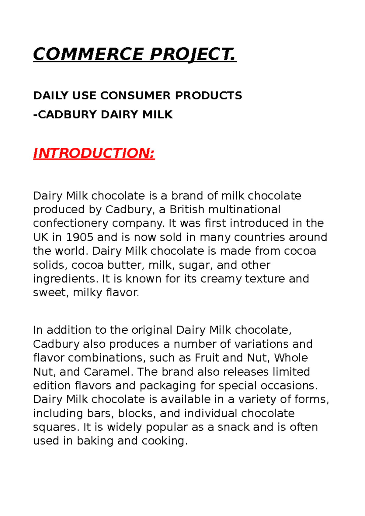 Commerce Project: Overview of Cadbury Dairy Milk Chocolate - Studocu