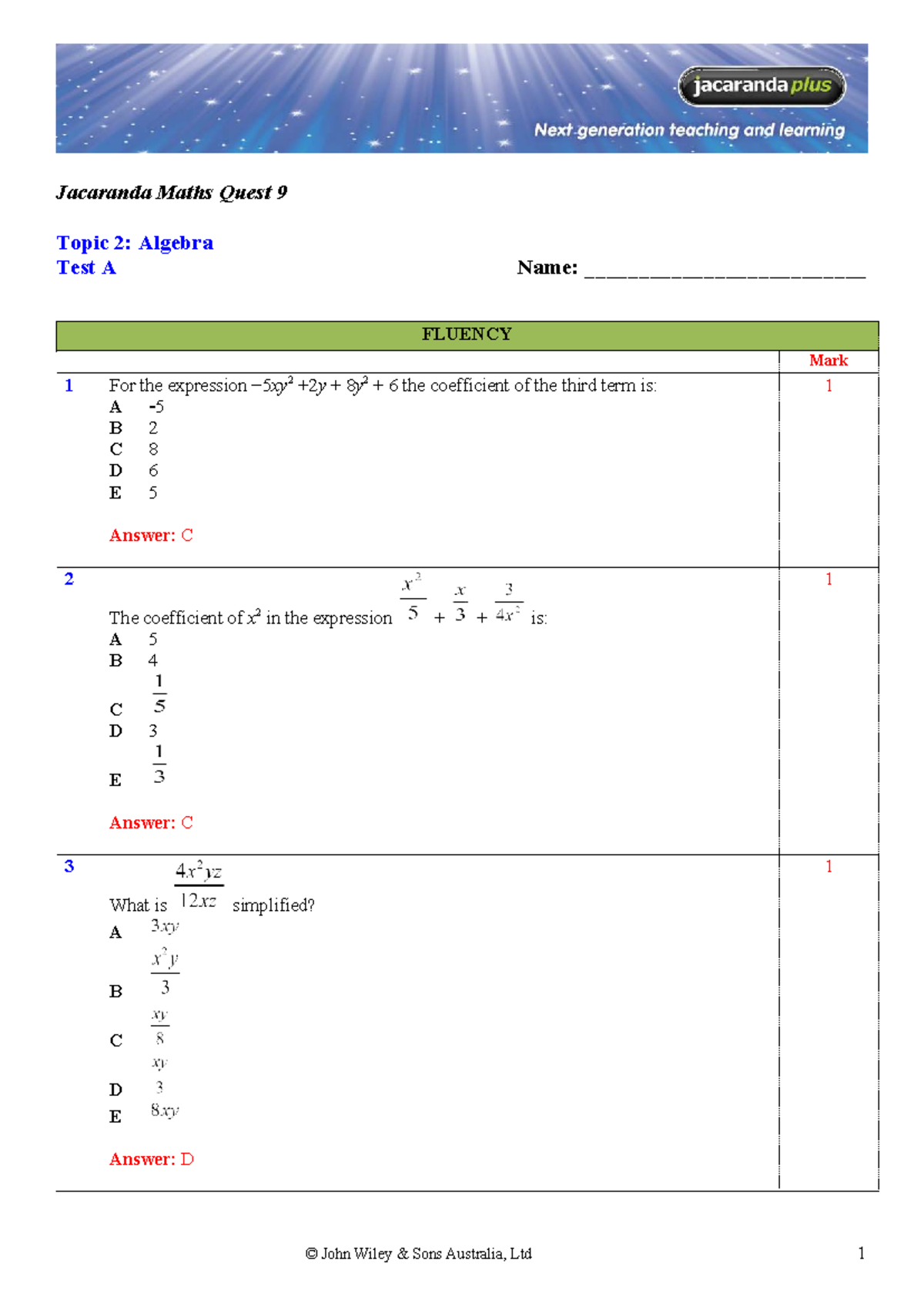 Year 9 Maths Quest 9 Topic 2: Algebra Test A - Answer Key - Studocu