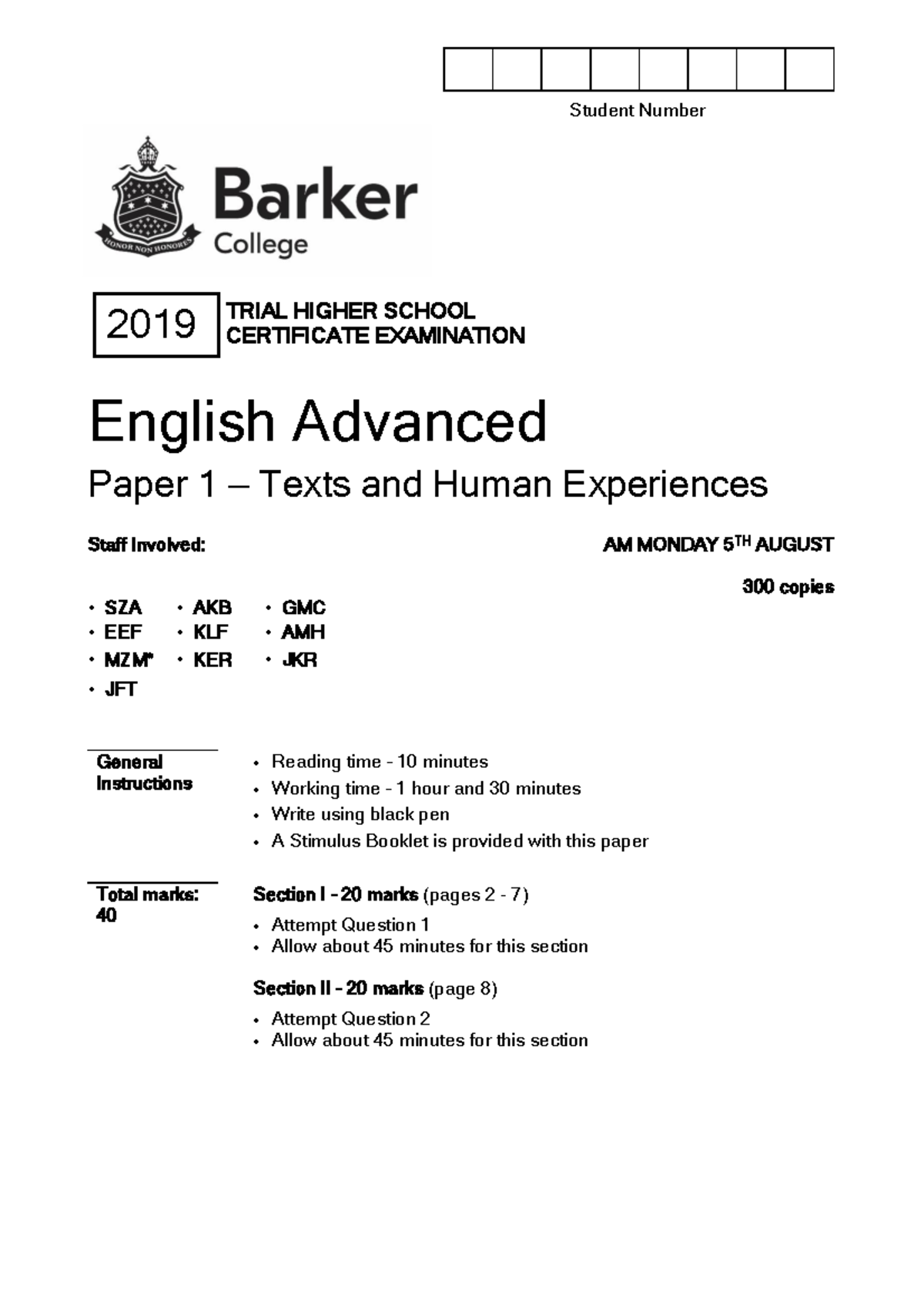 Barker 2019 English Adv Trial Exam Paper 1: Texts & Human Experiences ...