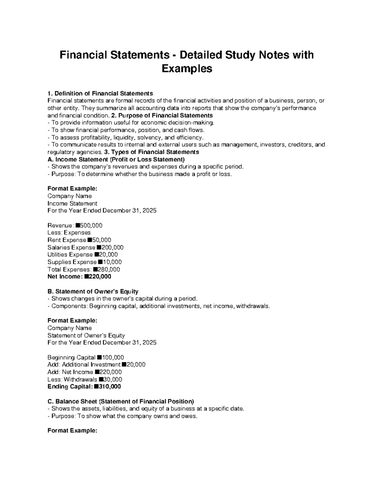 FIN 101: Detailed Study Notes on Financial Statements with Examples ...