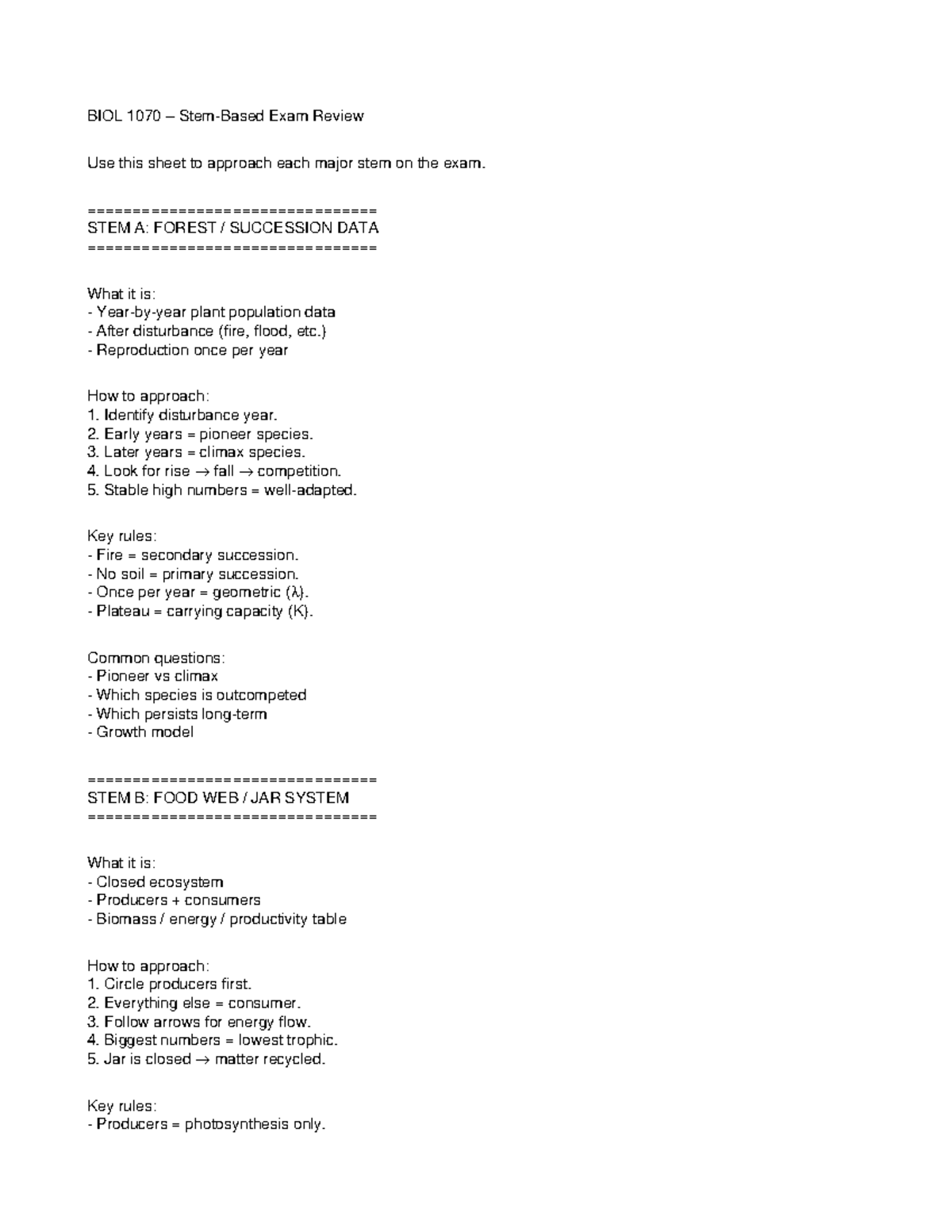 BIOL 1070 Exam Review: Stem-Based Study Guide - Studocu