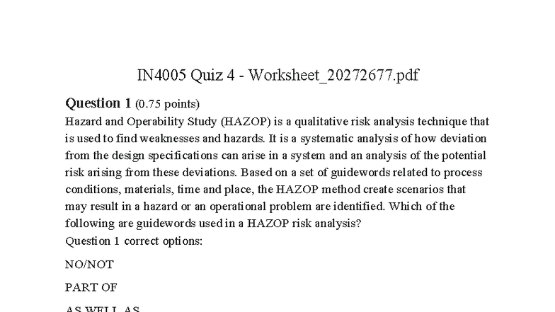 IN4005 Quiz 4: HAZOP, SWIFT, and Probability Analysis - Studocu
