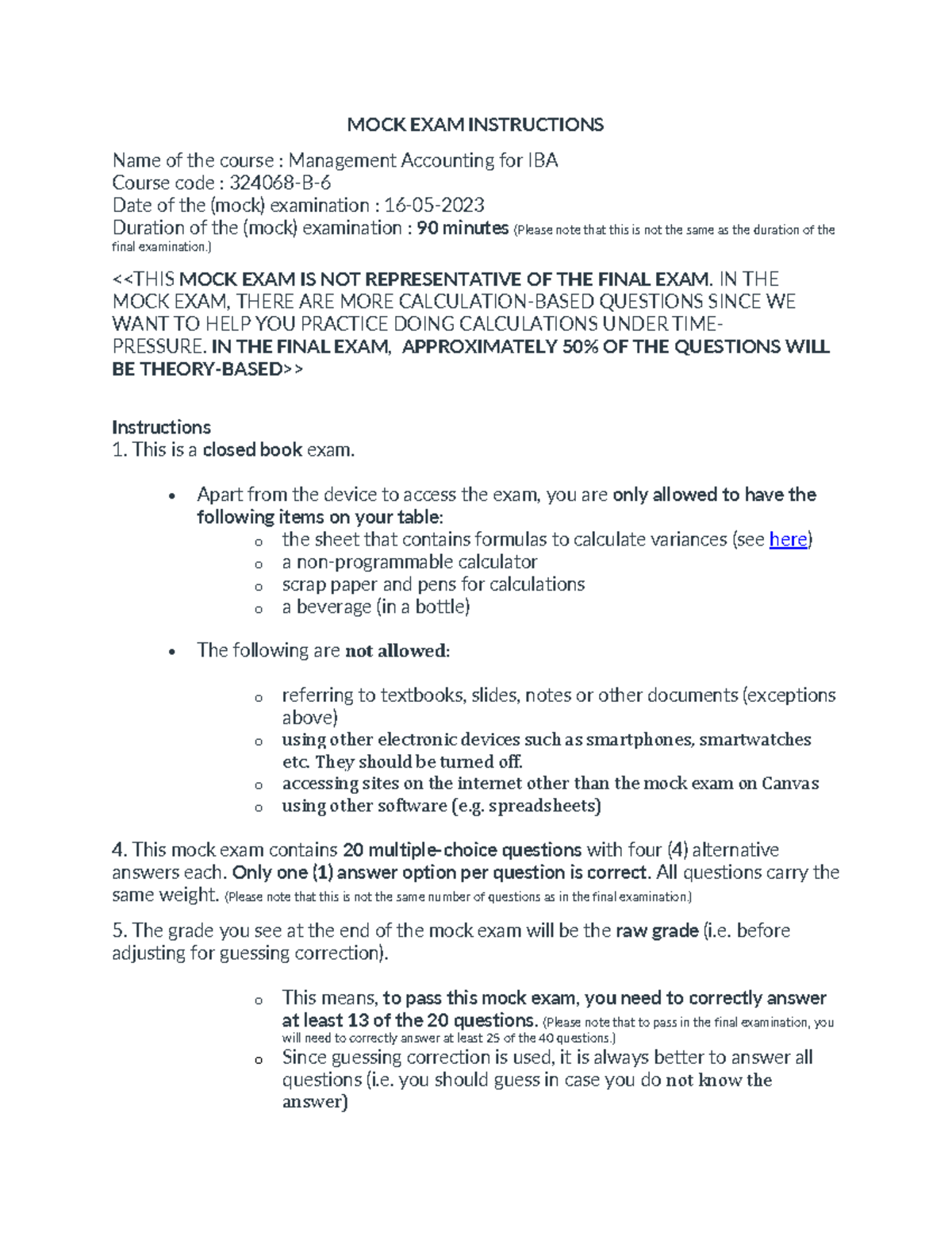 MA 324068-B-6 Mock Exam Instructions & Guidelines 2023 - Studeersnel