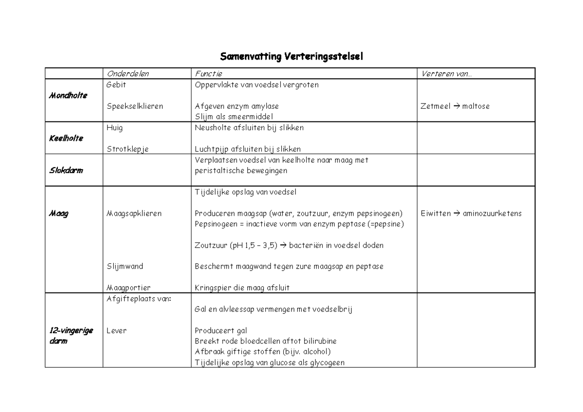 Samenvatting Verteringsstelsel: Functies en Onderdelen - Studeersnel