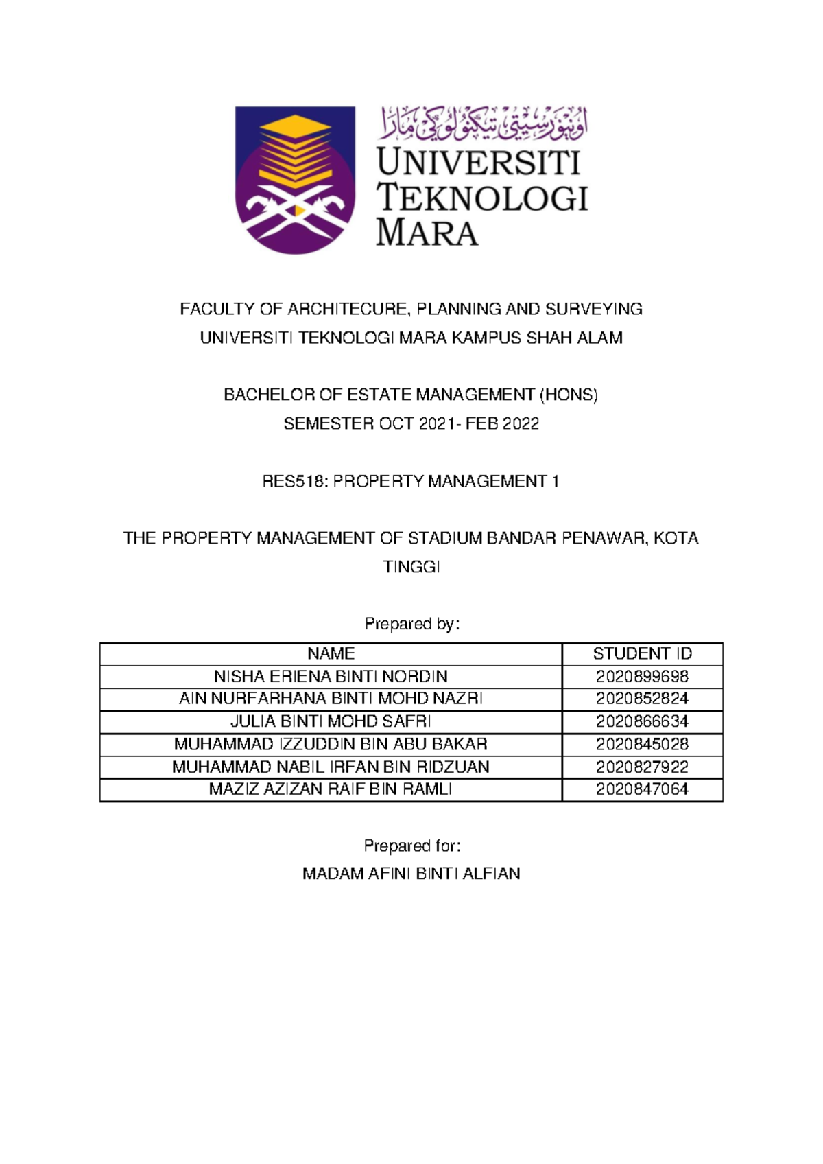 Property Management Report: Stadium Bandar Penawar RES518 - Studocu